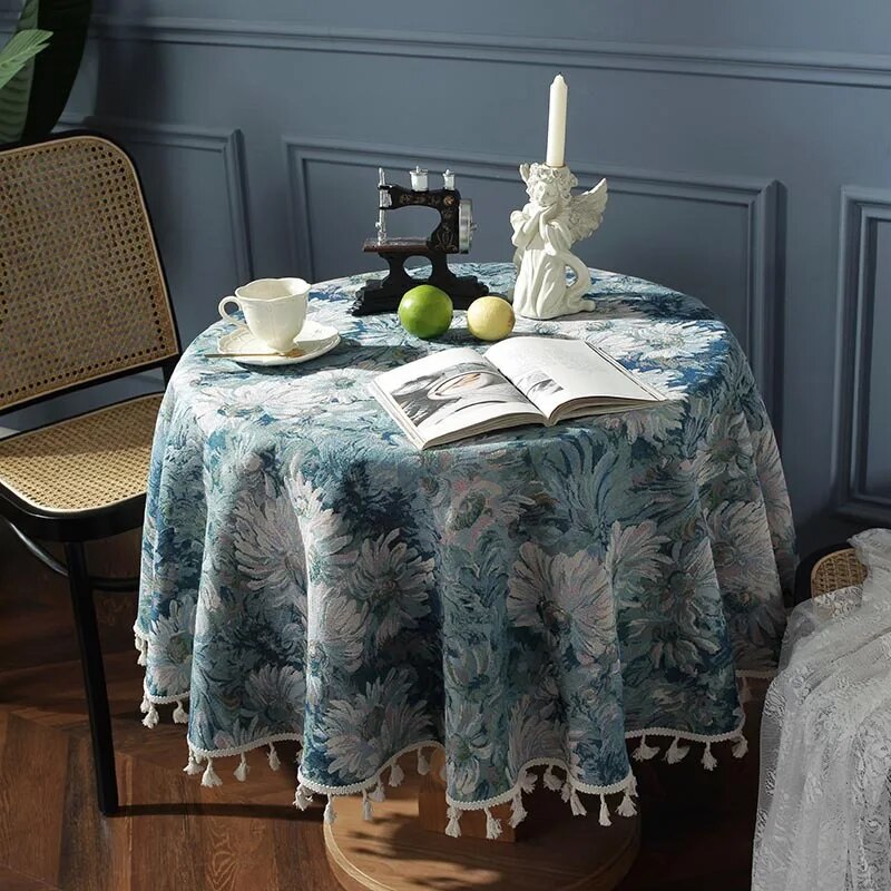 CHUNTIAN Yarn-dyed Large Blue Floral Tassel Table Cloth American Style ...