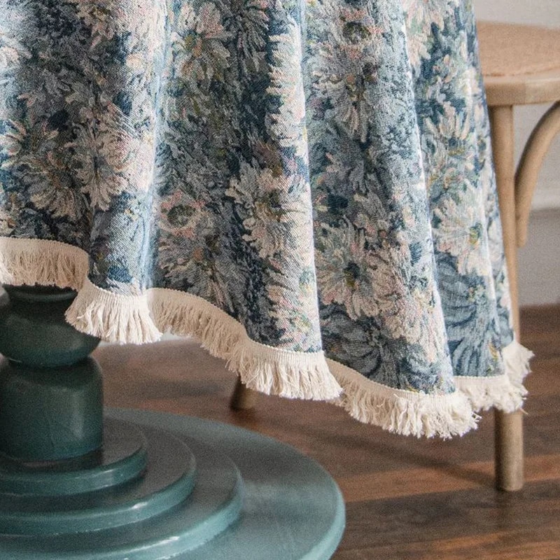 CHUNTIAN Yarn-dyed Large Blue Floral Tassel Table Cloth American Style ...