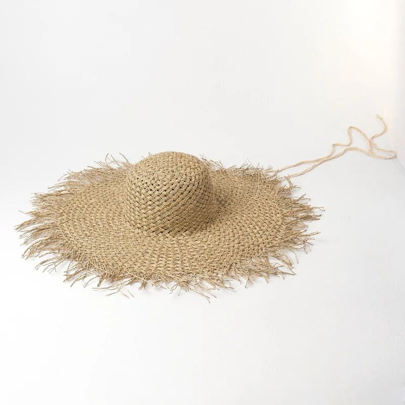 CHUNTIAN womens visor Hollow design edging with straps big eaves seaweed straw hat beautiful ...
