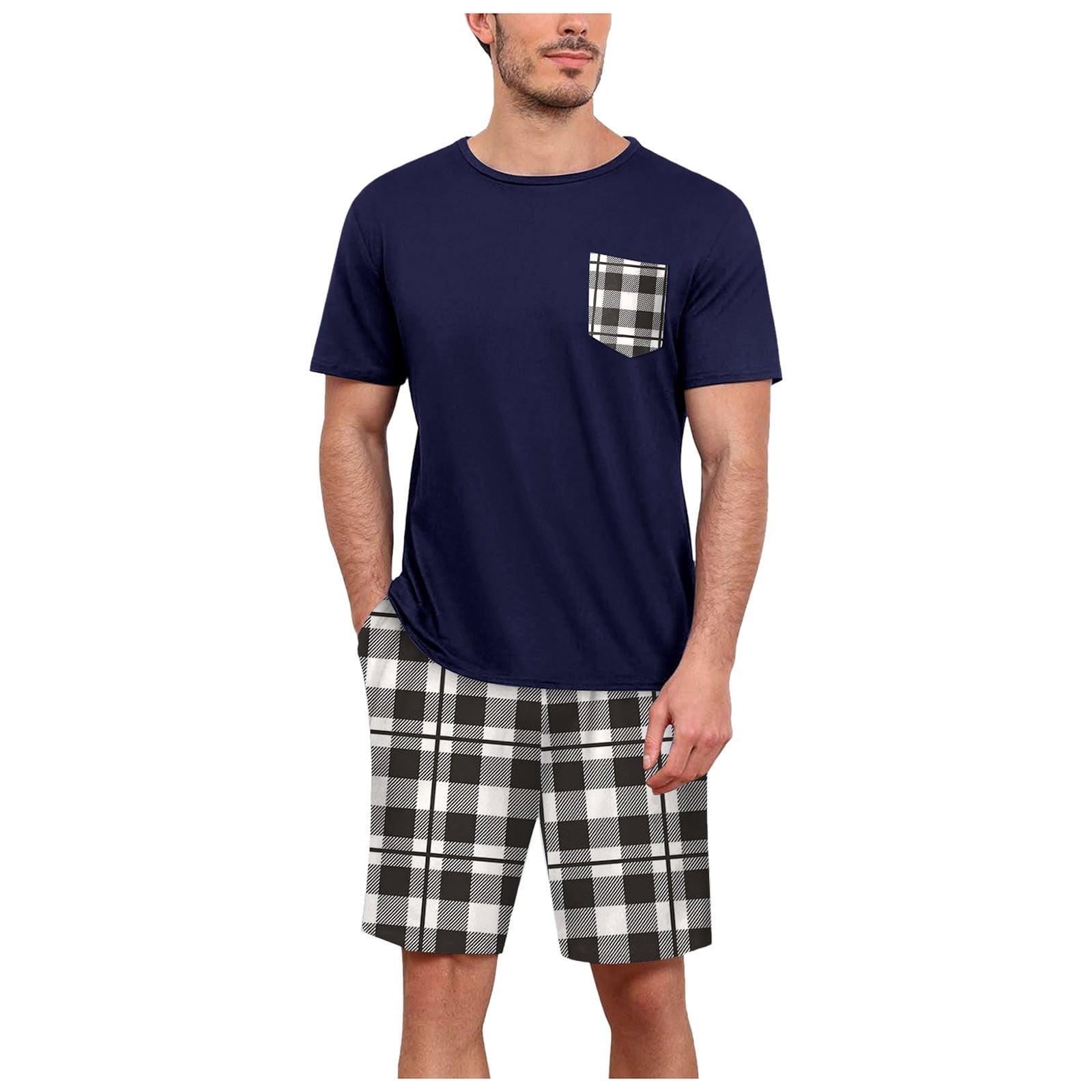 CHUOU Mens Summer Short Sleeved Shorts Pajamas Set Round Neck Short ...