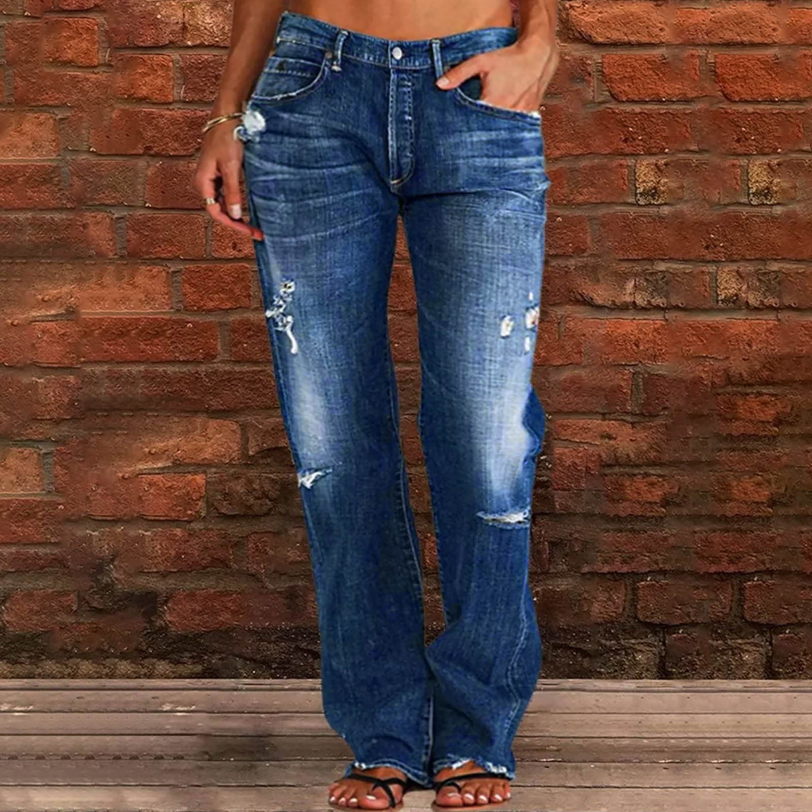 CHUOU Straight Leg Jeans For Women Ripped Hem Low Waisted Jeans For ...
