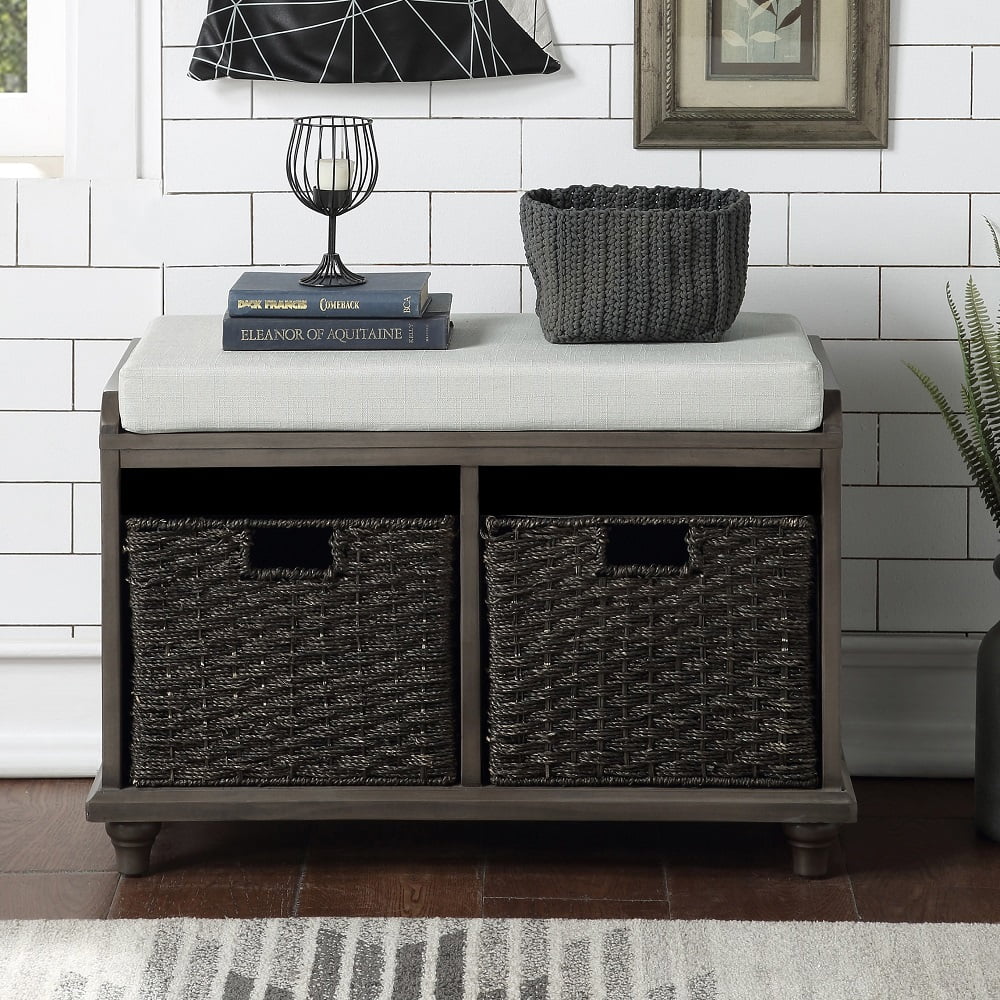 CHURANTY Wicker Storage Bench with 2 Rattan Baskets and Removable Cushion, Wood Entryway Shoe ...