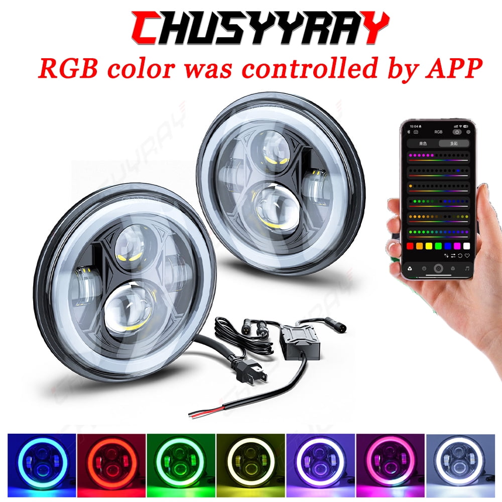 CHUSYYRAY 7" LED Headlights RGB Rainbow Halo for Nissan Patrol MQ GQ ...