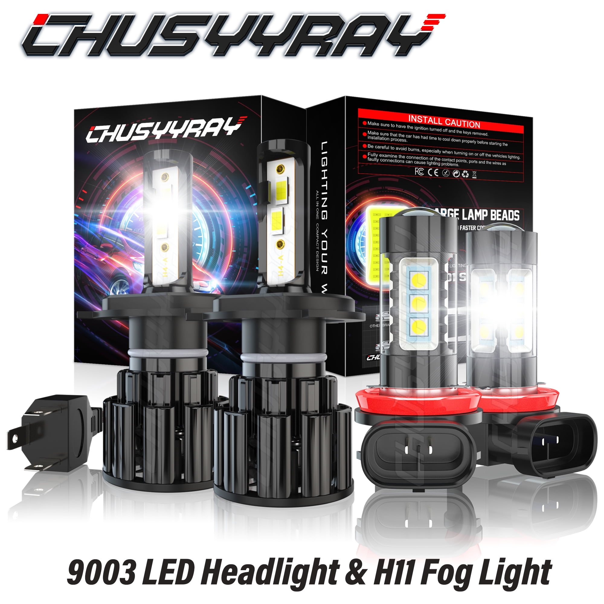 CHUSYYRAY 9003+H11 LED Front Headlight High Low Dual Beam Fog Light Bulbs Kit 6000K Crystal ...