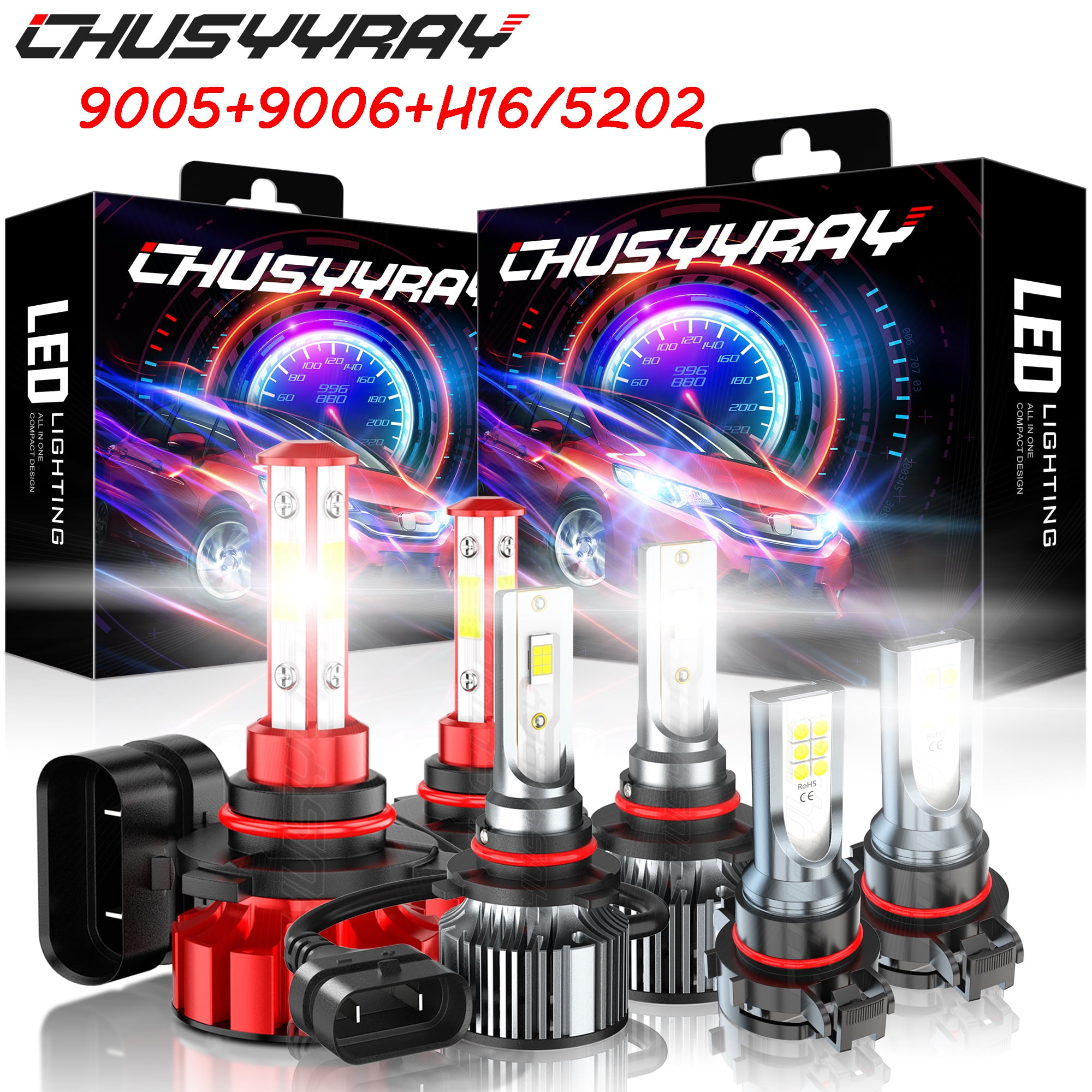 CHUSYYRAY 9005+9006+5202 LED Headlights Bulbs High Low Beam Fog Light ...