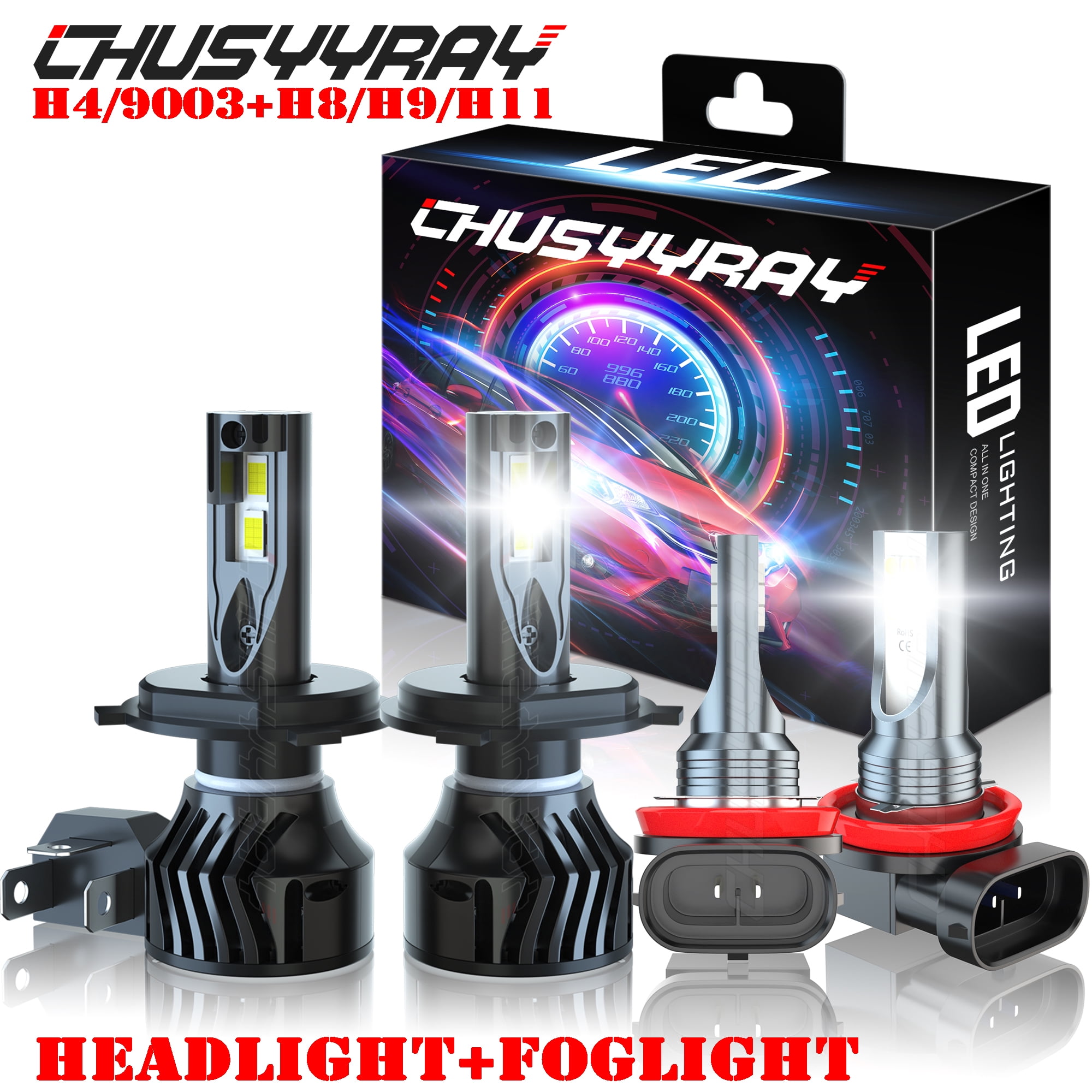 CHUSYYRAY H4/9003 H11/H9/H8 LED Headlight Bulbs Fog Light Bulb Combo White Plug&Play，Pack of 4 ...