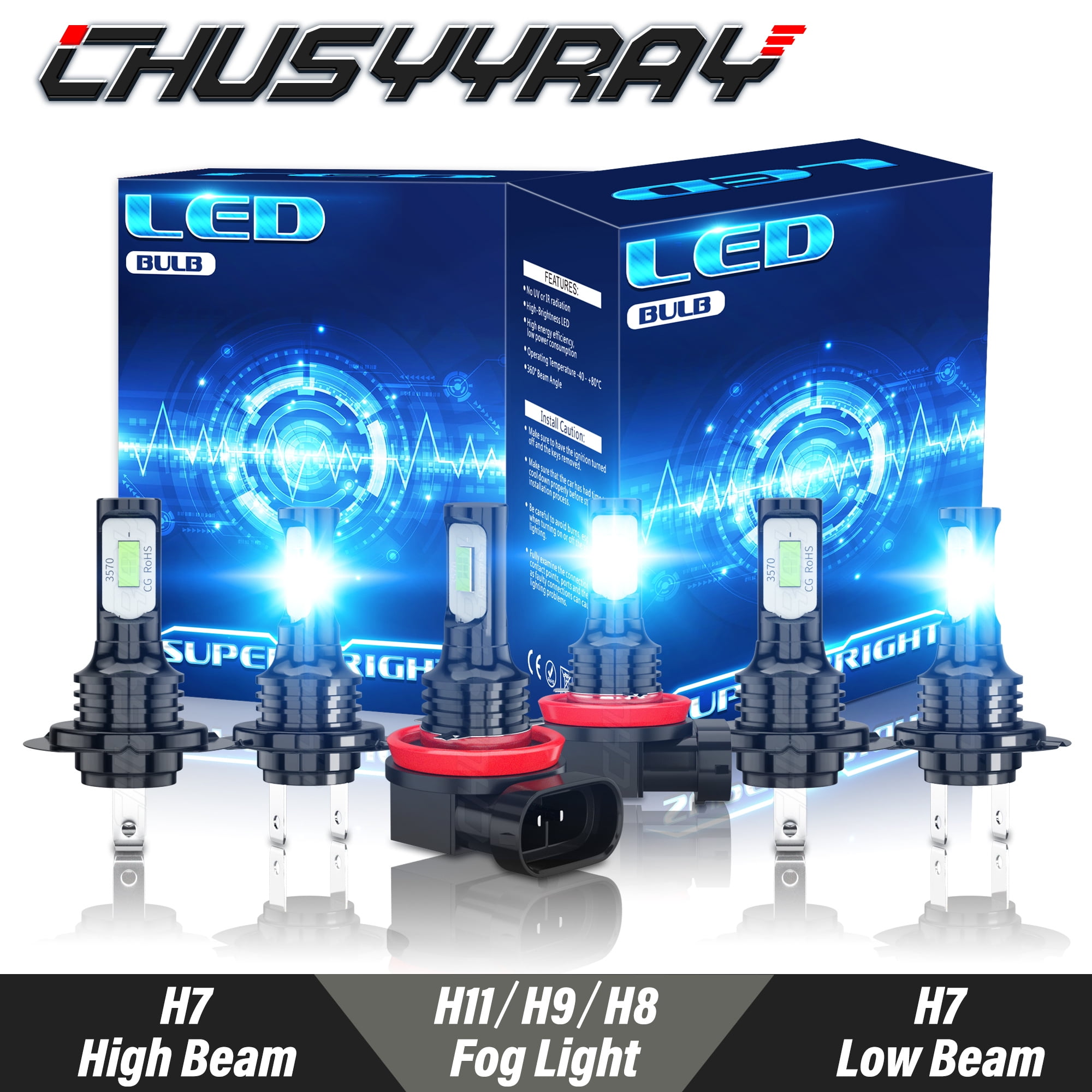 CHUSYYRAY H7 H7 H11 LED Front Headlight High Low Beam Fog Lamp Bulbs ...