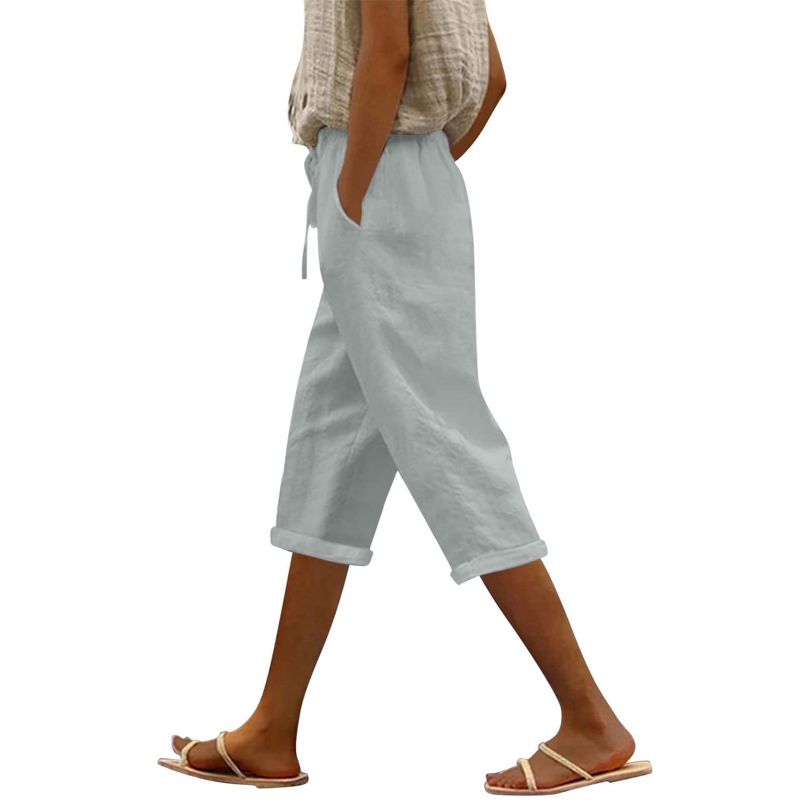 Chwgfwl Capri Pants Women Fashion Solid Color Cotton Flax Elastic Long