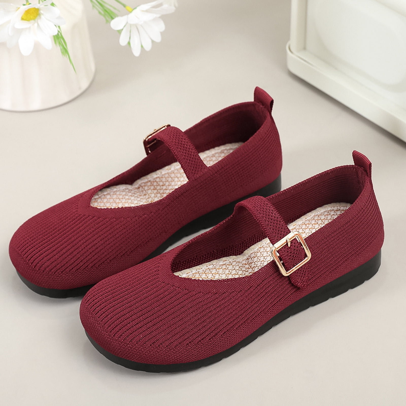 CHWshoes Wide Toe Flats Shoes Women Knit Ballet Flats Mary Jane Dress ...