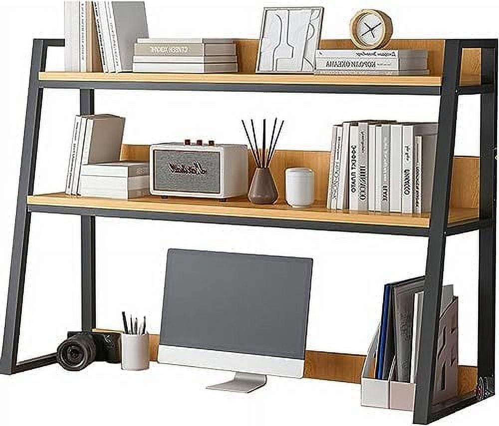 CHYUINJ 2-Tier Desktop Bookshelf for Computer Desk Wood Hutch Bookcase ...