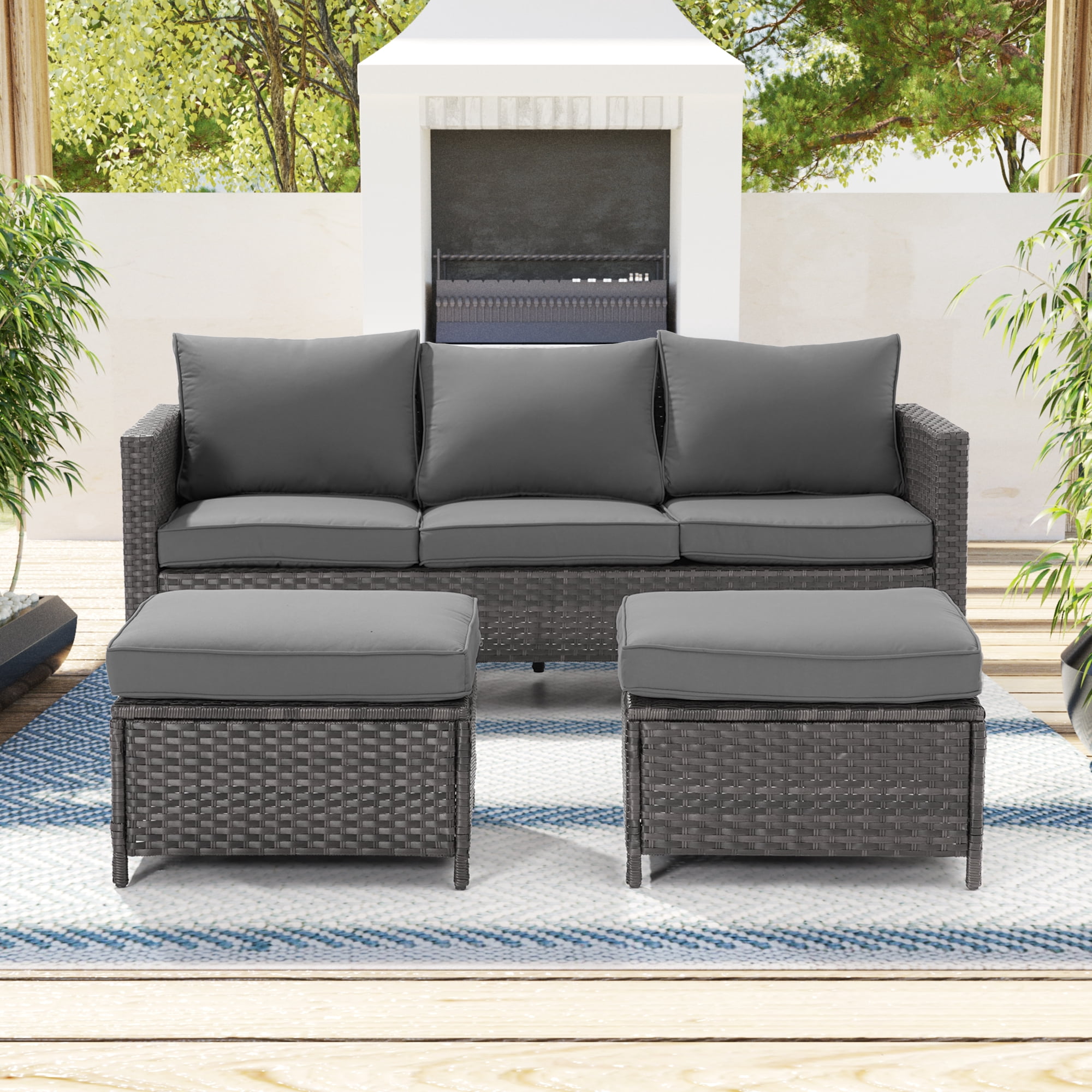 CHYVARY 3-Piece Patio Sofa Set Rattan Outdoor Furniture Set Three-Seat ...