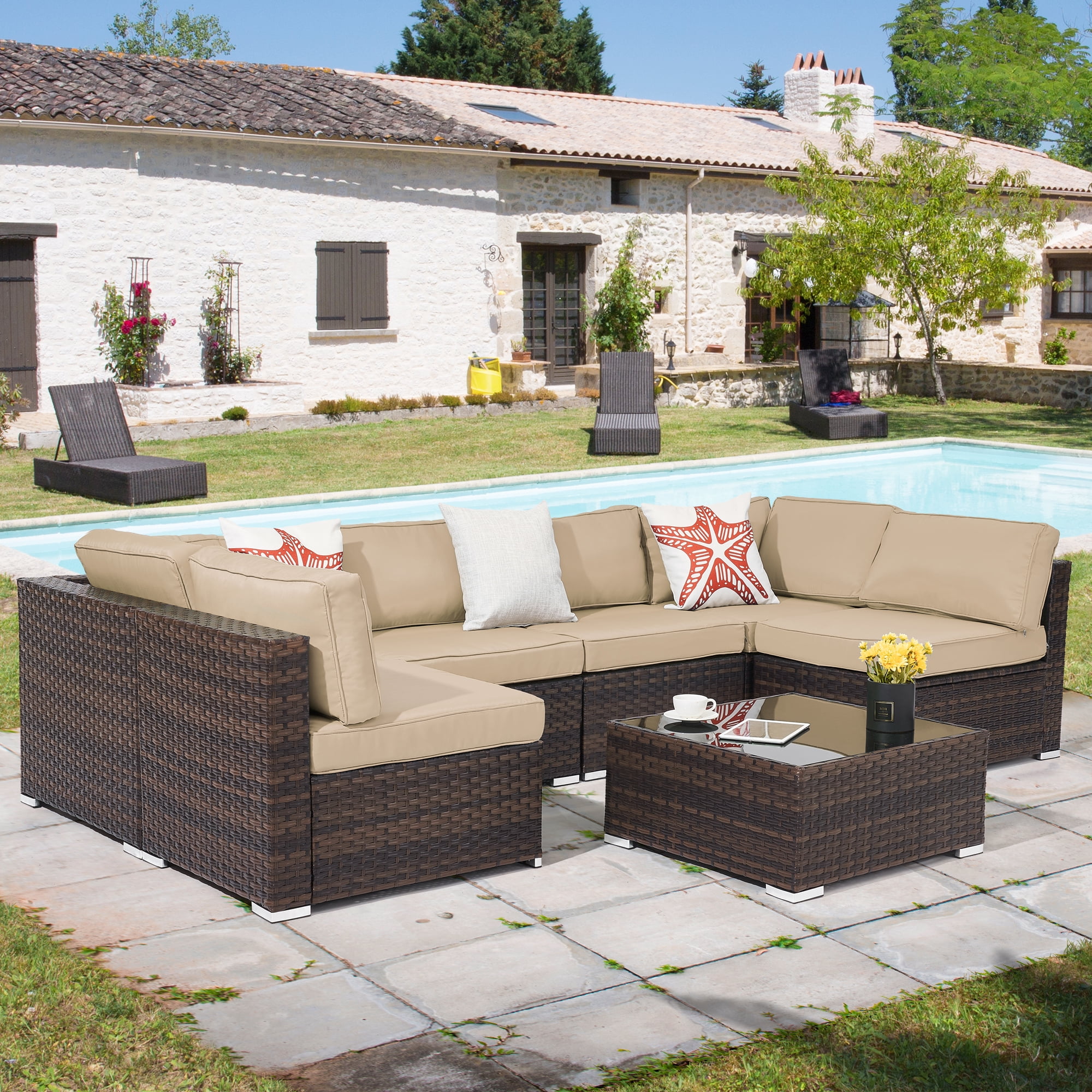 CHYVARY 7-Piece Patio Conversation Set, Sectional All-Weather PE Rattan ...
