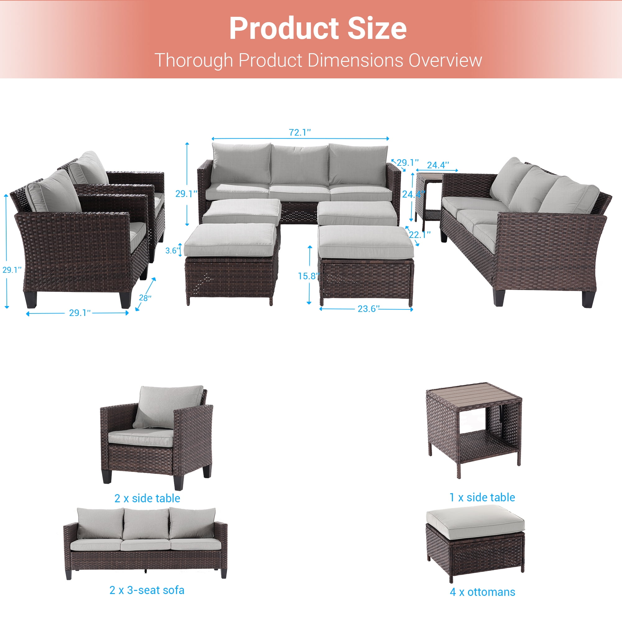 CHYVARY 9-Piece Patio Sofa Set Rattan Outdoor Furniture Set Three-Seat ...