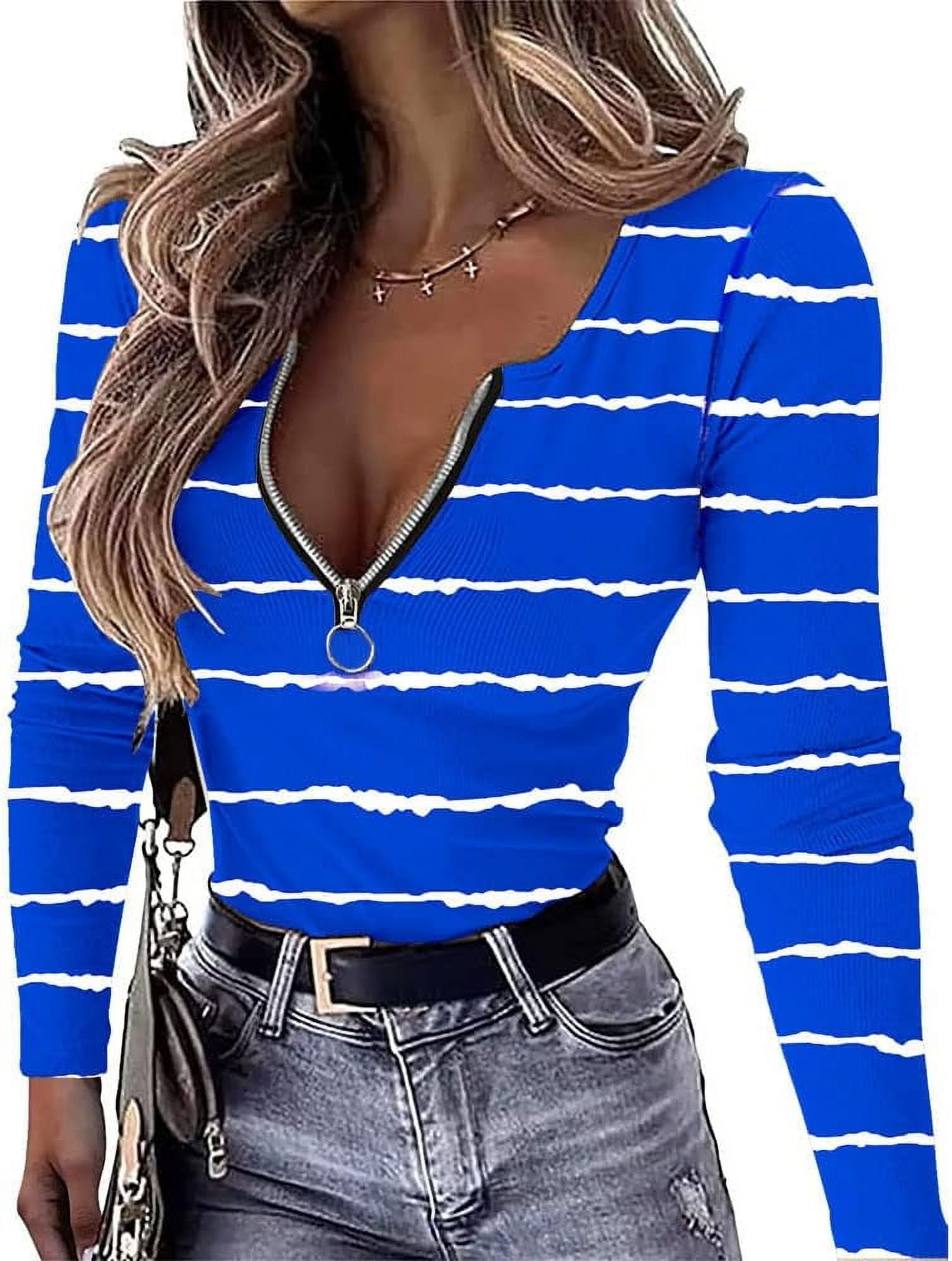 Chyycnych Sexy Long Sleeve Henley Shirts Women Casual V Neck Zip Up