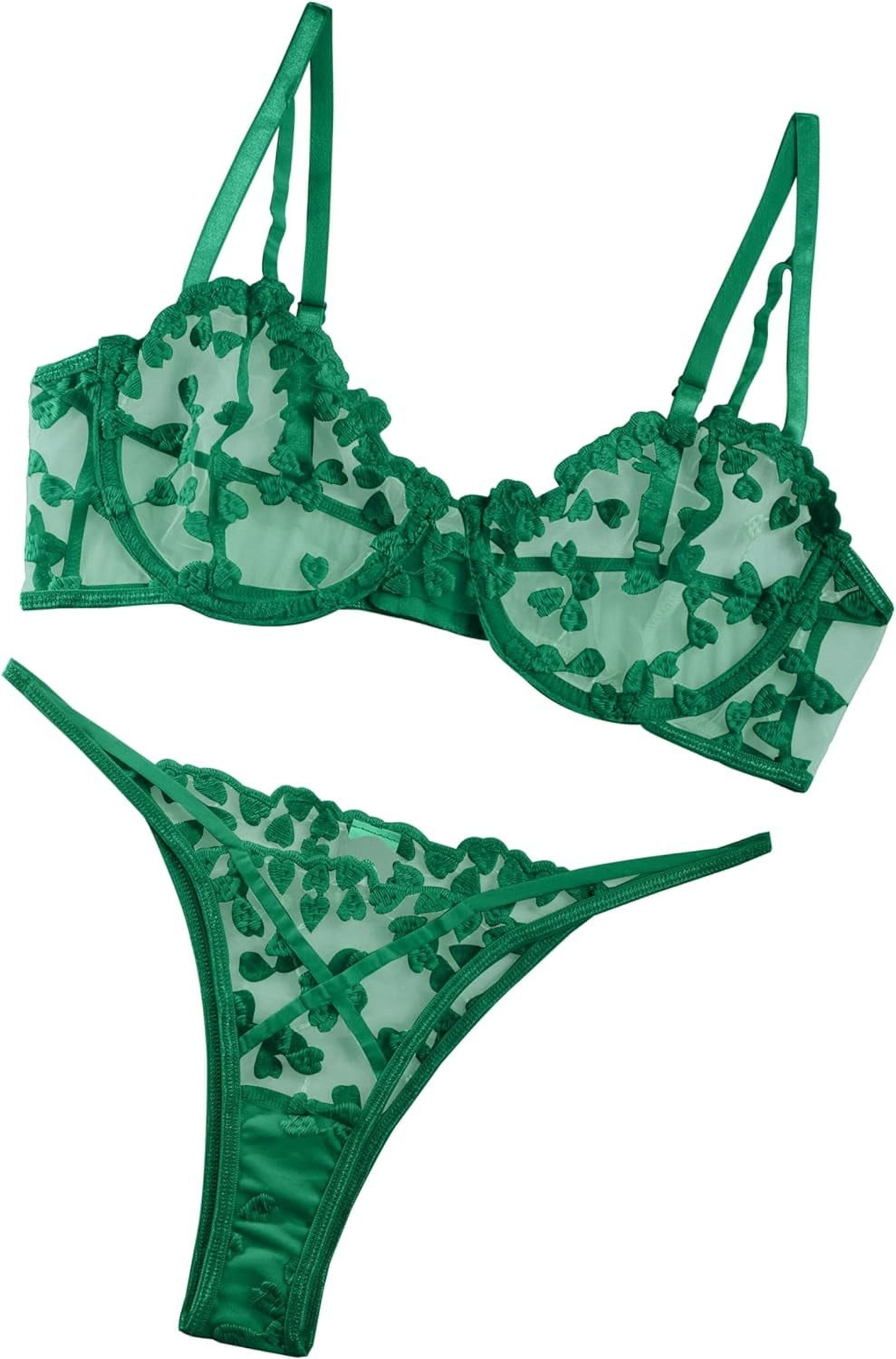 Chyycnych Sexy Underwire Cute Push Up Strappy Embroidered Mesh Sheer Lingerie Set See Through