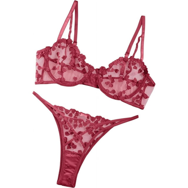 Chyycnych Sexy Underwire Cute Push Up Strappy Embroidered Mesh Sheer Lingerie Set See Through