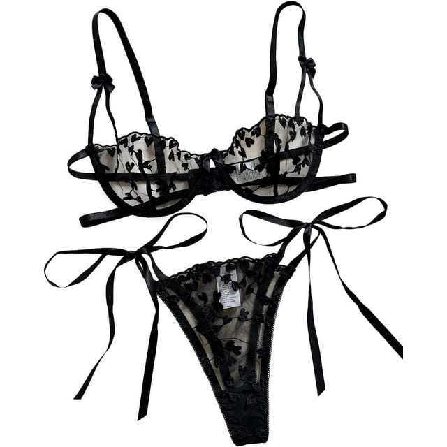 Chyycnych Sexy Underwire Cute Push Up Strappy Embroidered Mesh Sheer Lingerie Set See Through