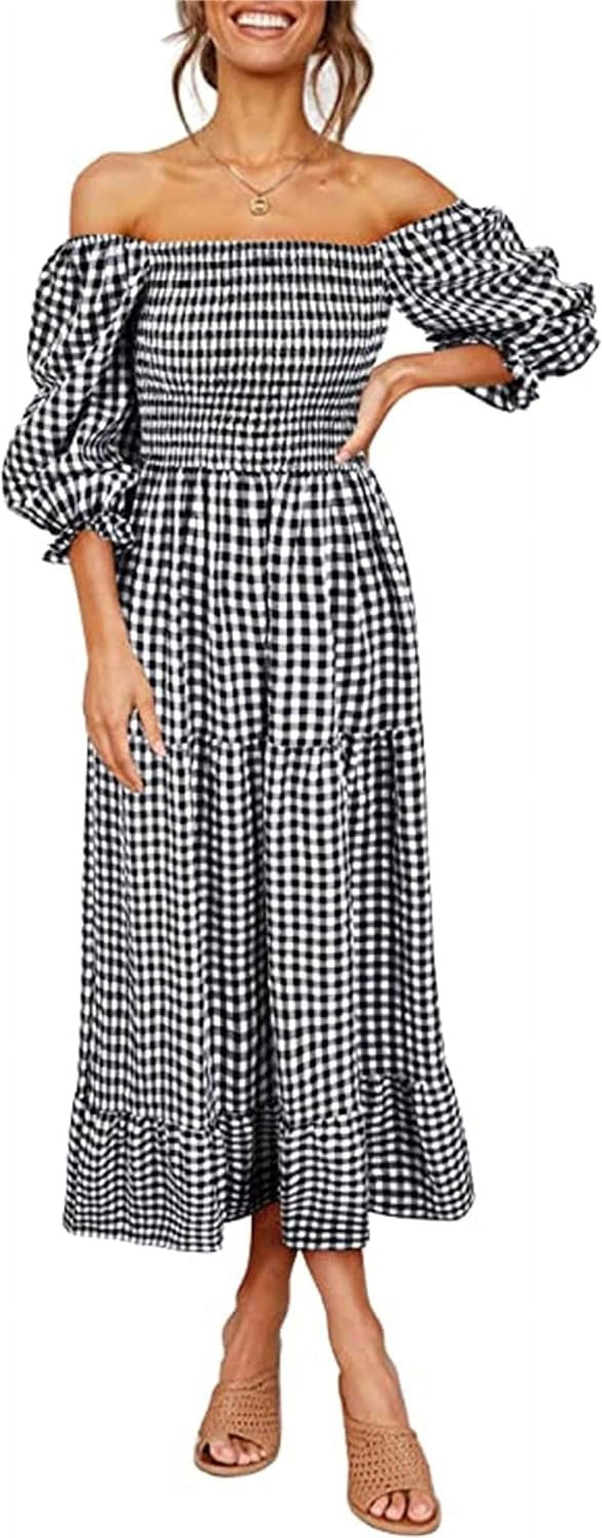 CHYYCNYCH Women's Casual Flowy Dress Puff Sleeve Off The Shoulder Plaid ...