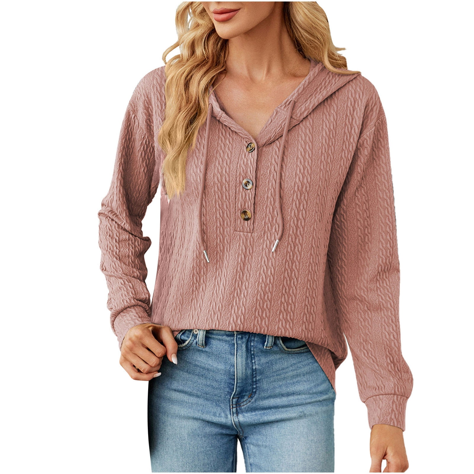 CHZAYXI Womens Fall Sweatshirts Drawstring V Neck Buttons Long Sleeve ...