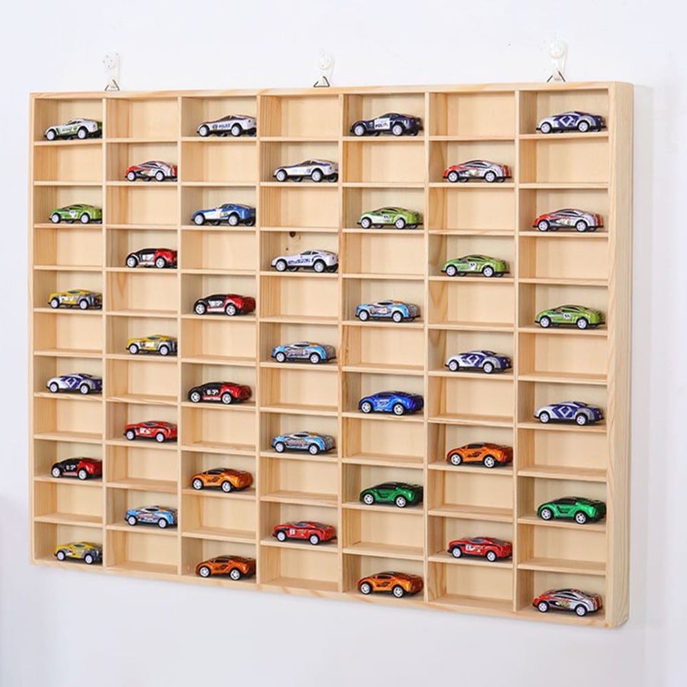 CHZIMADE 1/64 Wooden Wall Mount Display Case Holds 60 Toy Cars Wooden ...