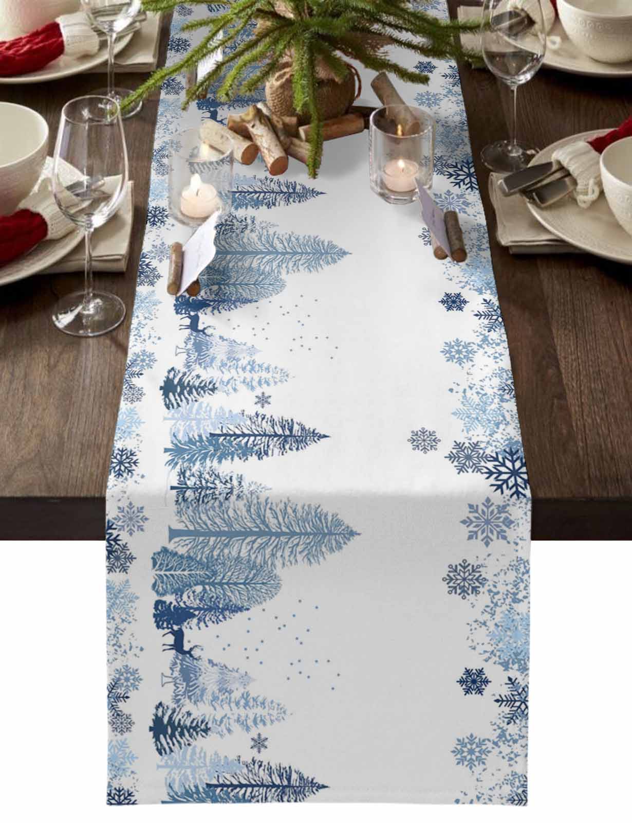 CHrBlue Christmas Trees Cotton Linen Table Runner for Dining Kitchen ...