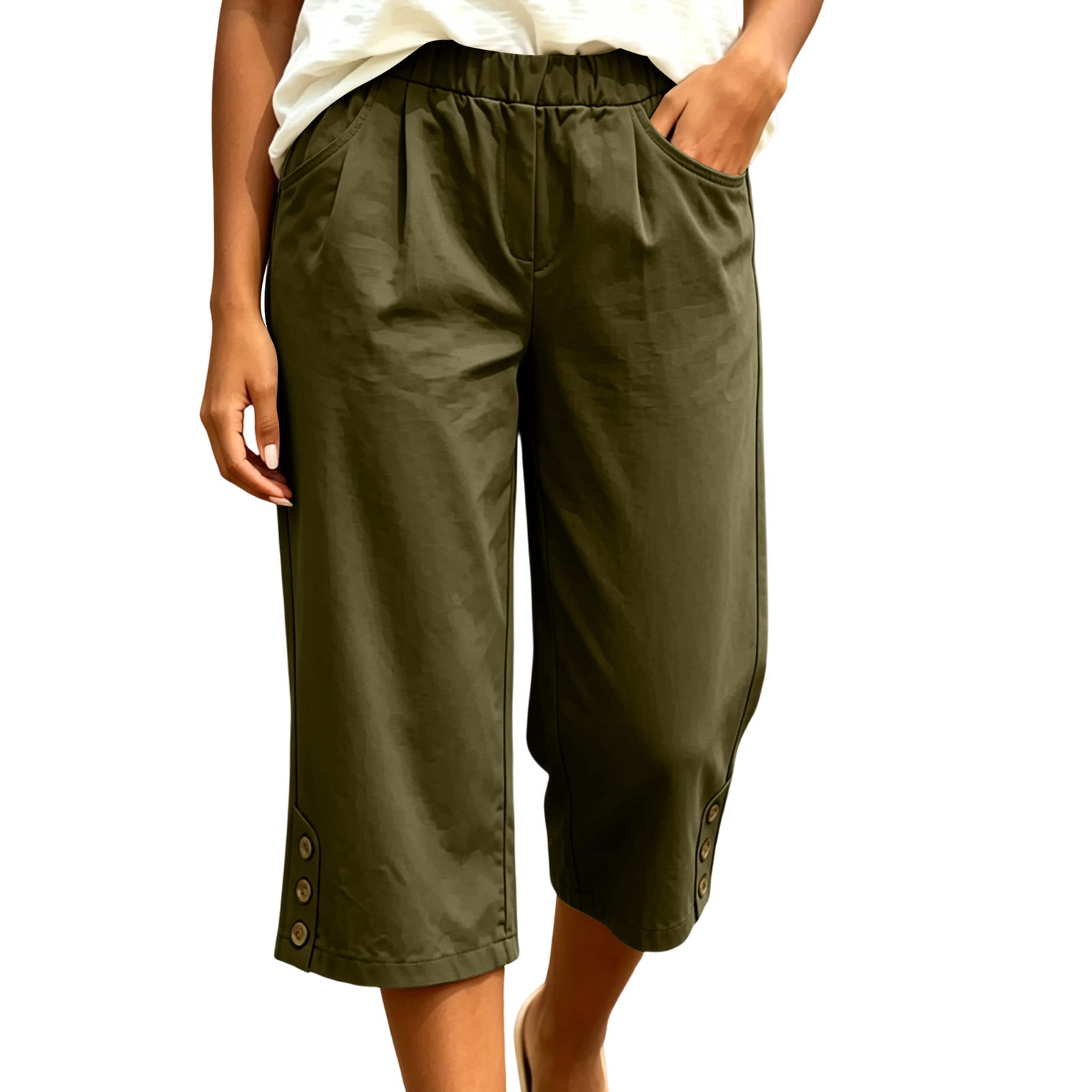 CIAKGIAF Pants for Women Casual Elastic Waist with Pockets Button Hem ...