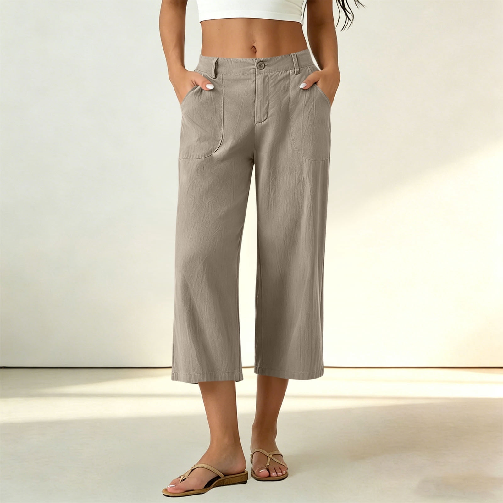 CIAKGIAF Women Pants Casual Crop Pants Straight Leg Soild Color Button ...