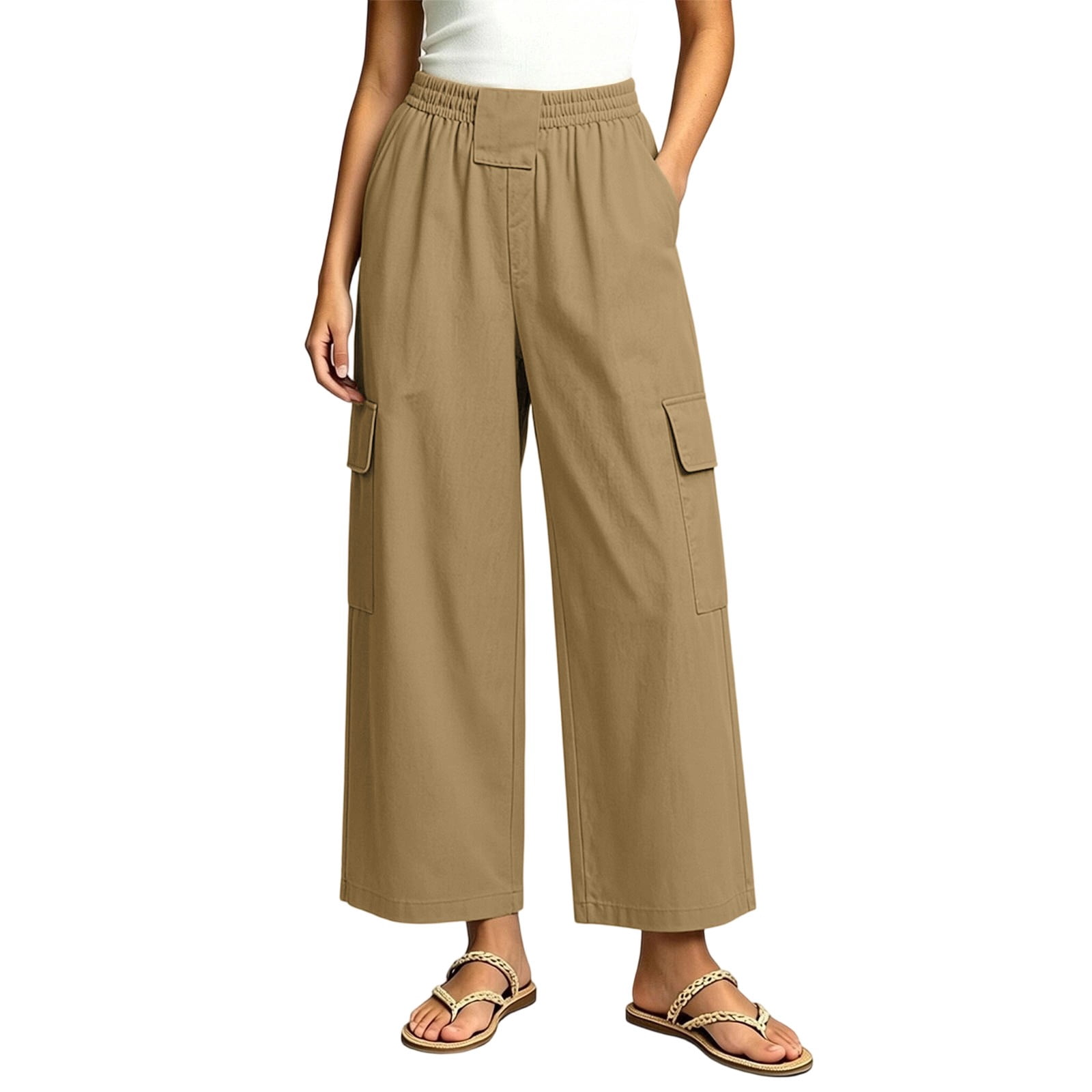 CIAKGIAF Women Pants Casual Wide Leg Cargo Solid Color Elastic Waist ...