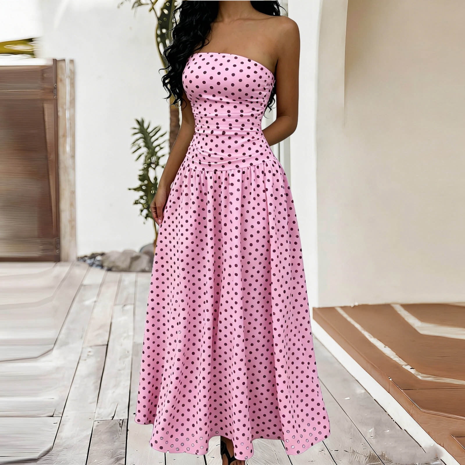 CIAKGIAF Womens Dress Fashion Polka Dot Maxi Dress Strapless Party ...