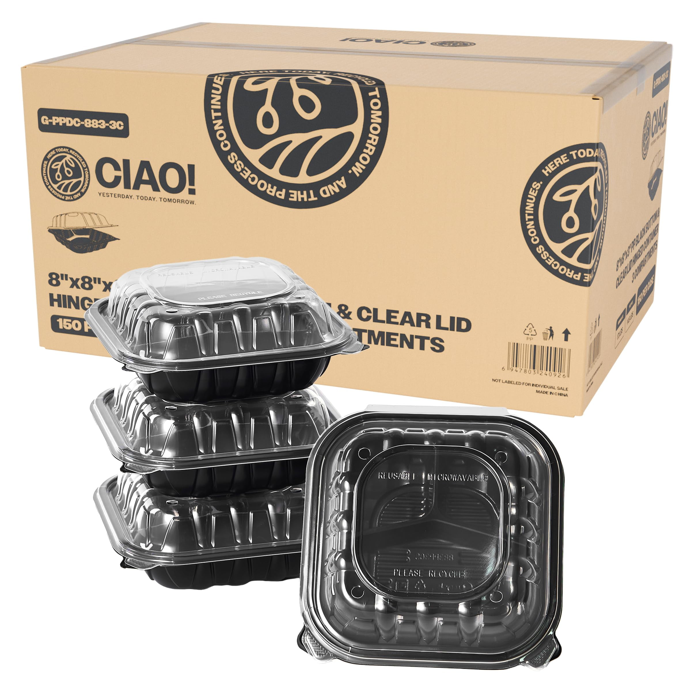 CIAO! 8"x8"x3" Polypropylene Black bottom with Clear Lid Hinged ...