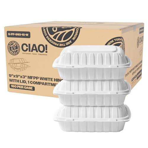 CIAO! 9"x9"x3" MFPP White Hinged Container With Lid 1 Compartment (Case of 150) - Walmart.com