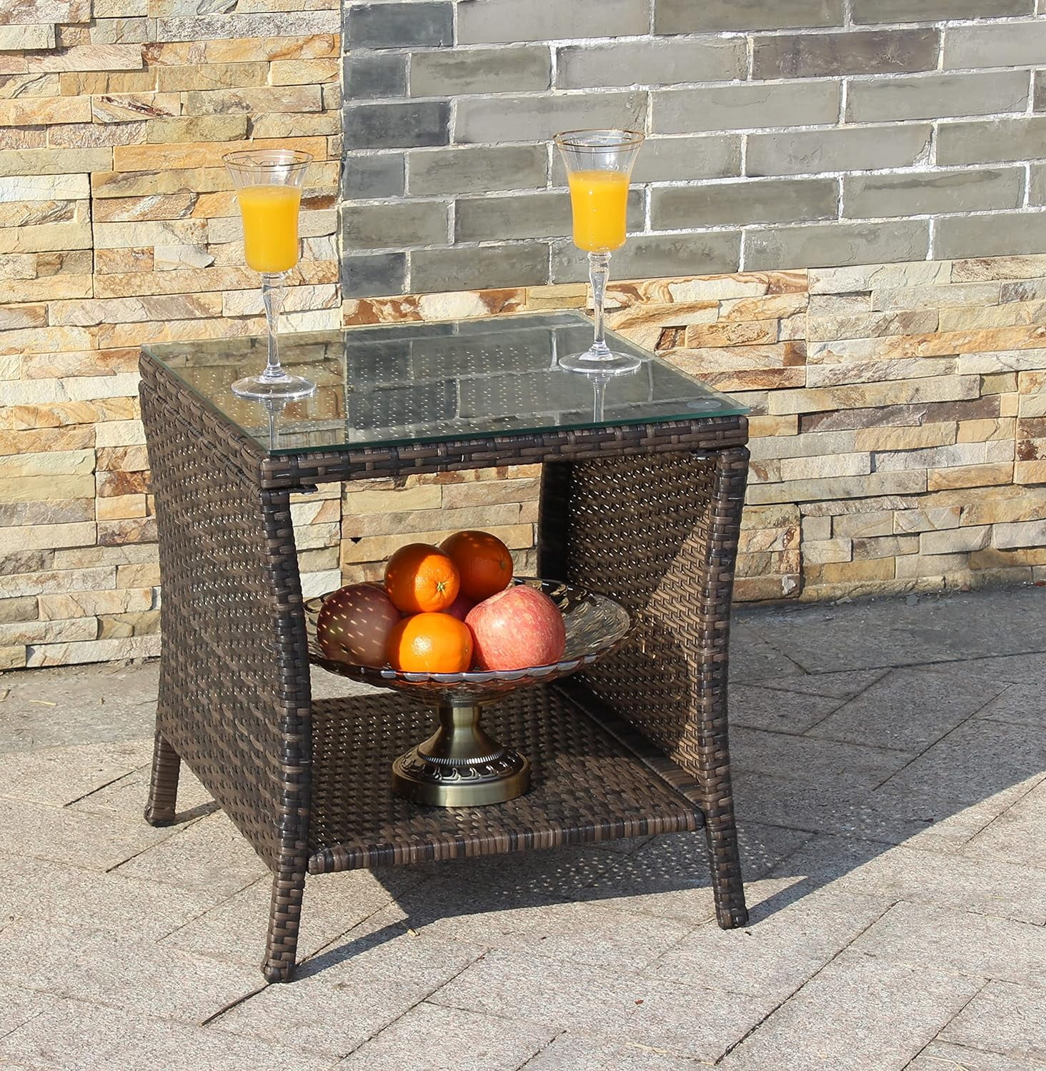 CIATRE Square Rattan Wicker Outdoor Coffee Table Glass Top Steel Frame Patio Furniture W/Lower ...