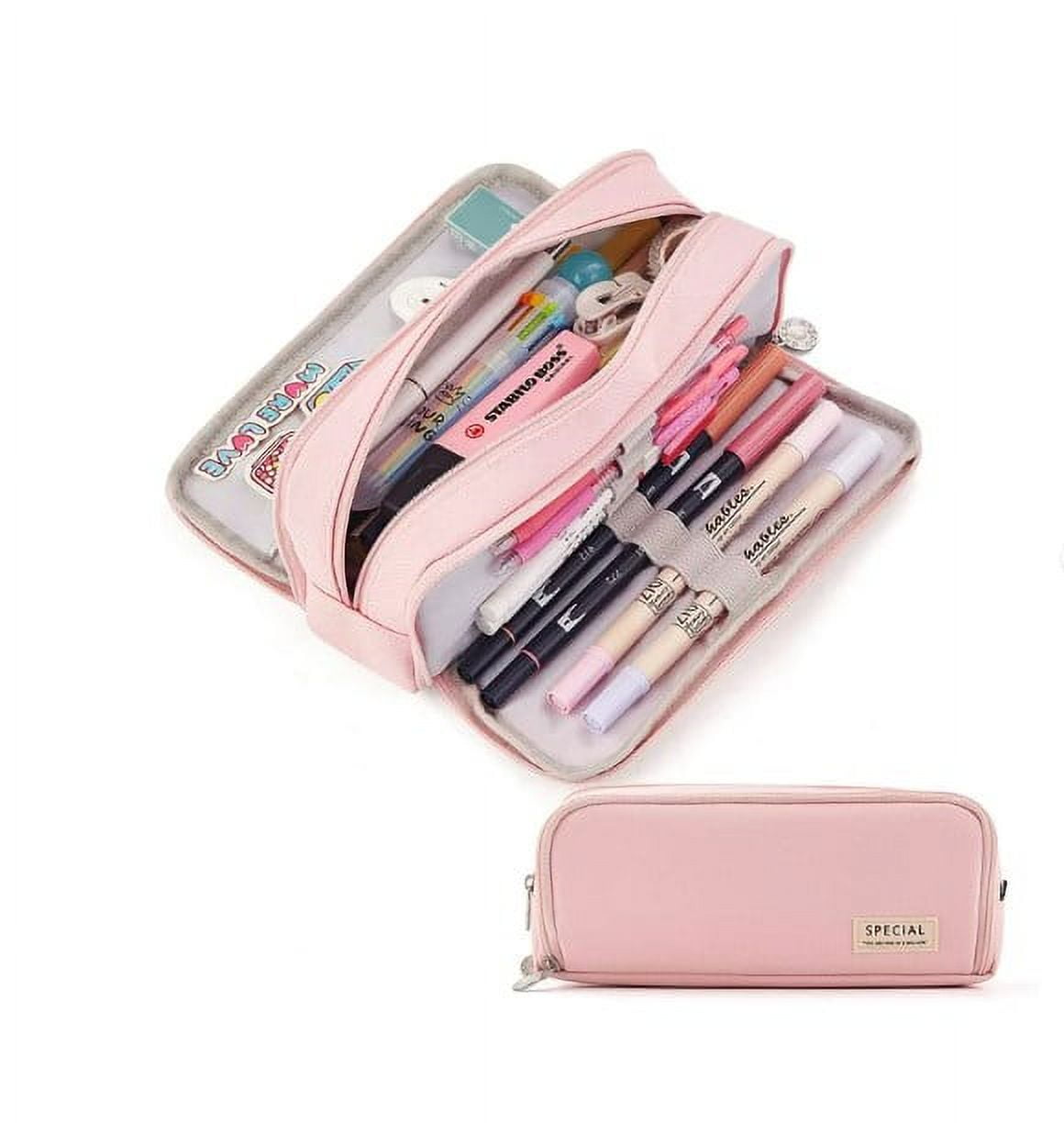 CICIMELON Large Capacity Pencil Case 3 Compartments Pen Pouch Pencil Bag for Students Girls Adults Women PINK