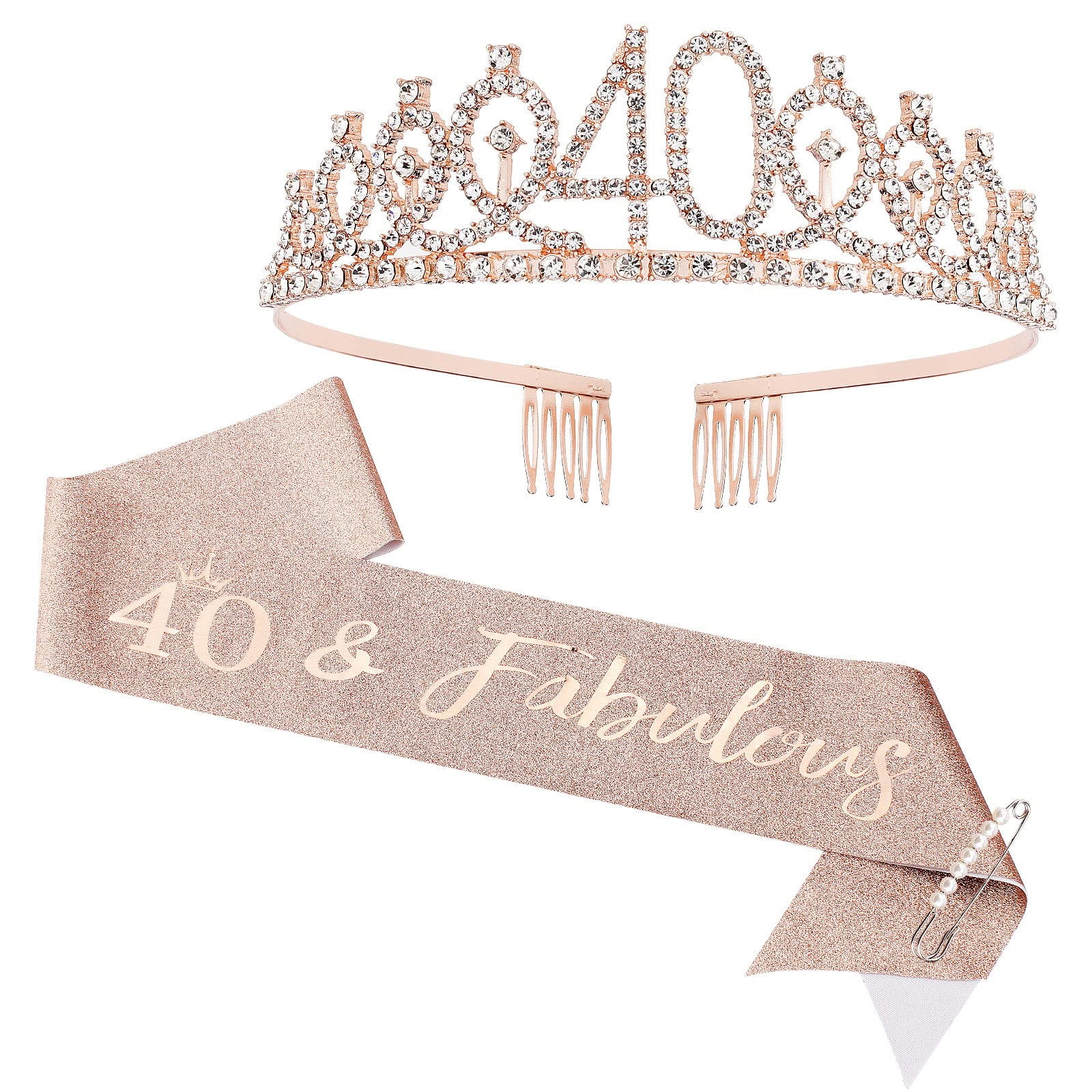 CIEHER 40th Birthday Crown SSF20 + Sash + Pearl Pin Set for Women ...
