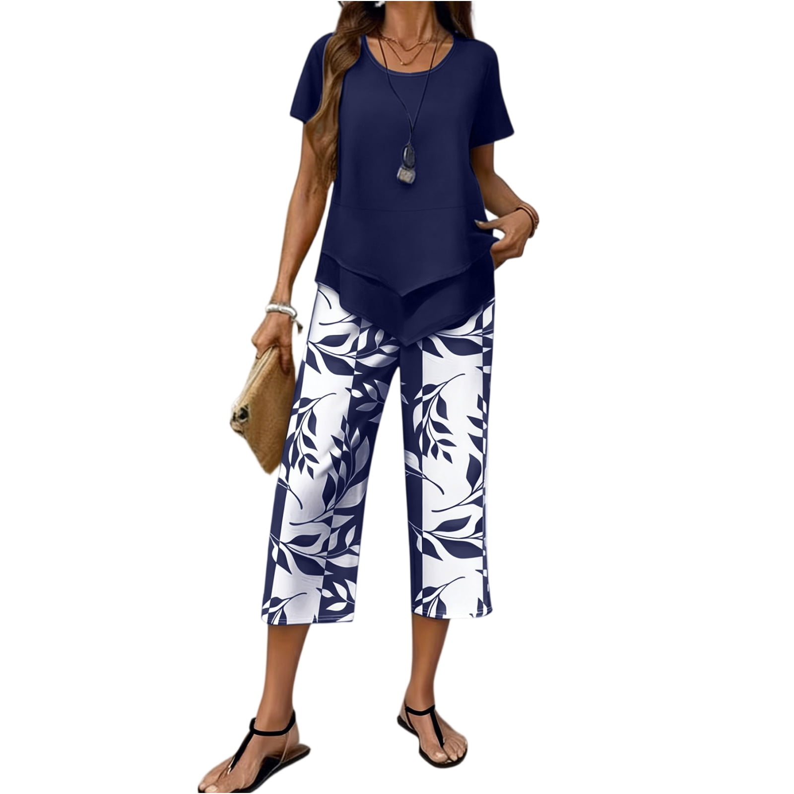 CIENVNSTG 2 Piece Capri Sets for Women Summer Square Neck Short Sleeve ...