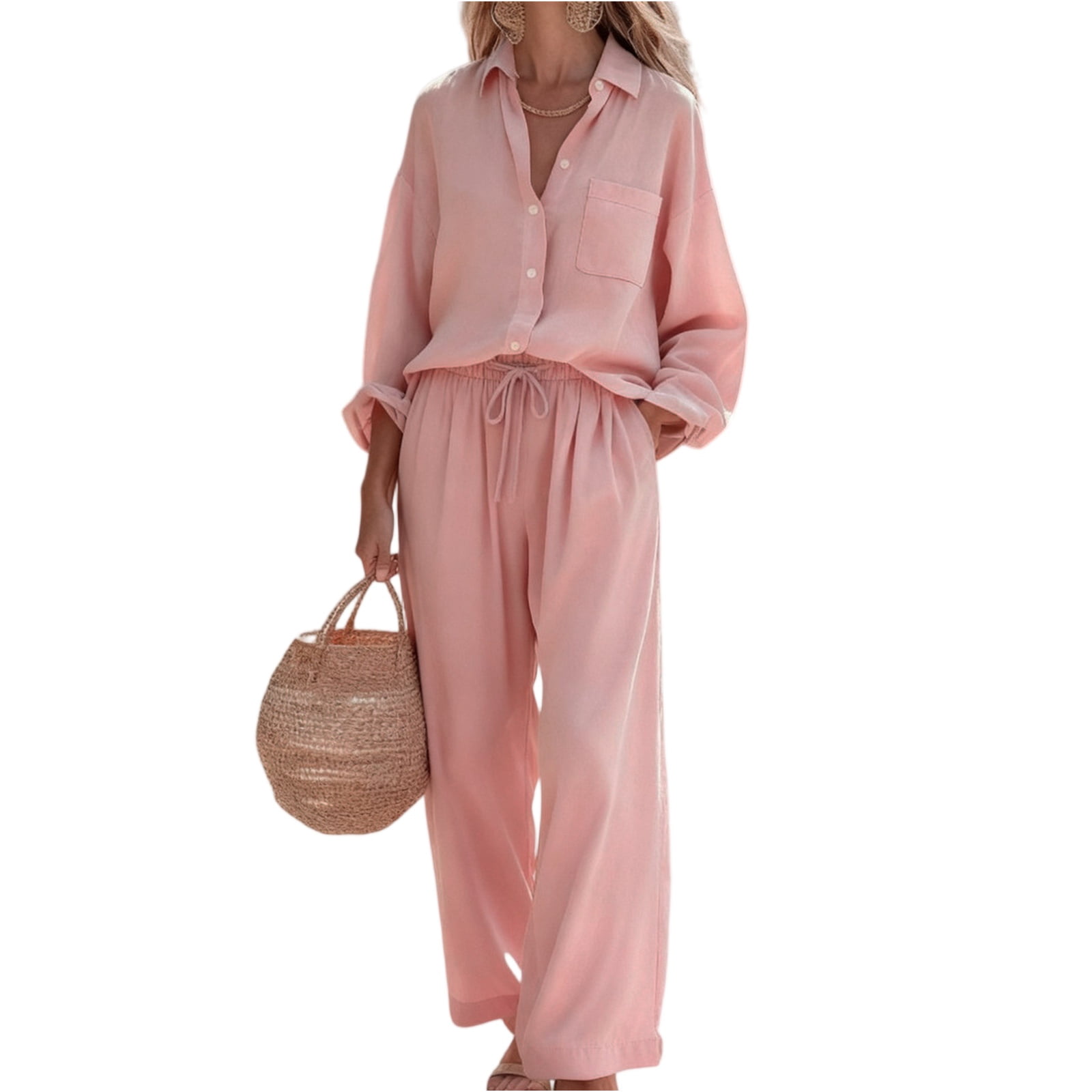 CIENVNSTG 2 Piece Cotton Linen Set for Women Long Sleeve Button Down ...