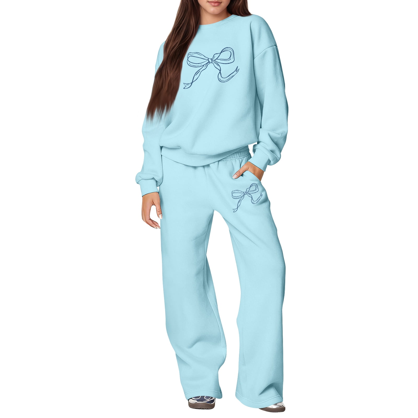 CIENVNSTG 2 Piece Lounge Sets for Women Fall Sweatsuit Bow Print Long ...