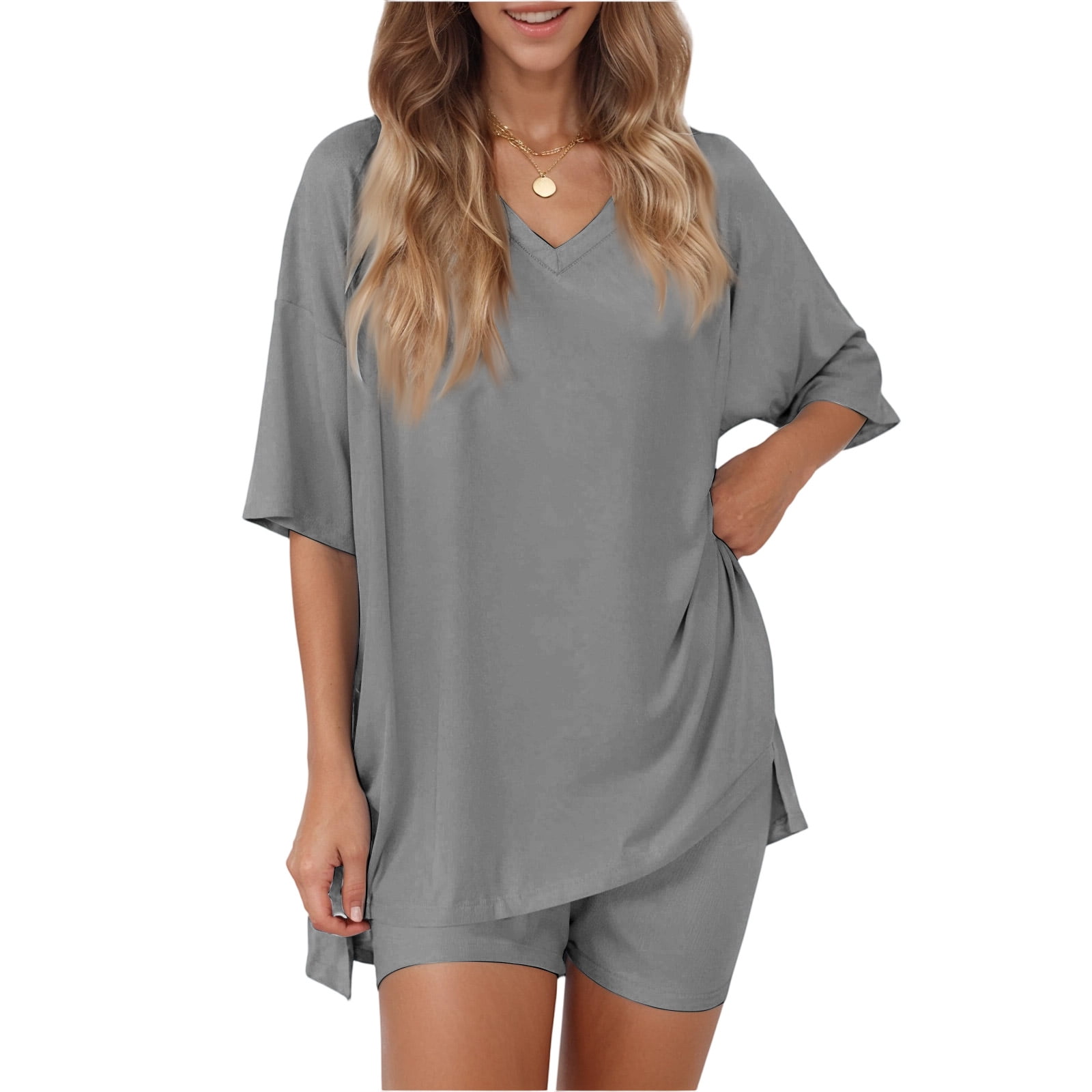 CIENVNSTG 2 Piece Pajamas for Women Set Summer Solid Soft Casual V‑Neck ...