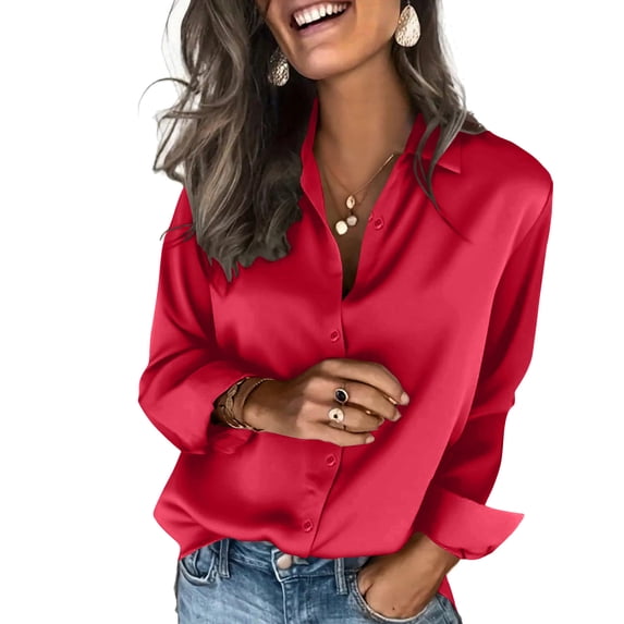CIENVNSTG Blouses for Women Long Sleeve Work Blouses Silk Button Down ...
