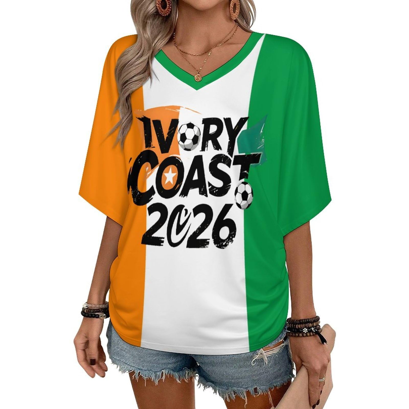 CIENVNSTG Colombia Flag Inspired Color Block V Neck Batwing Short ...