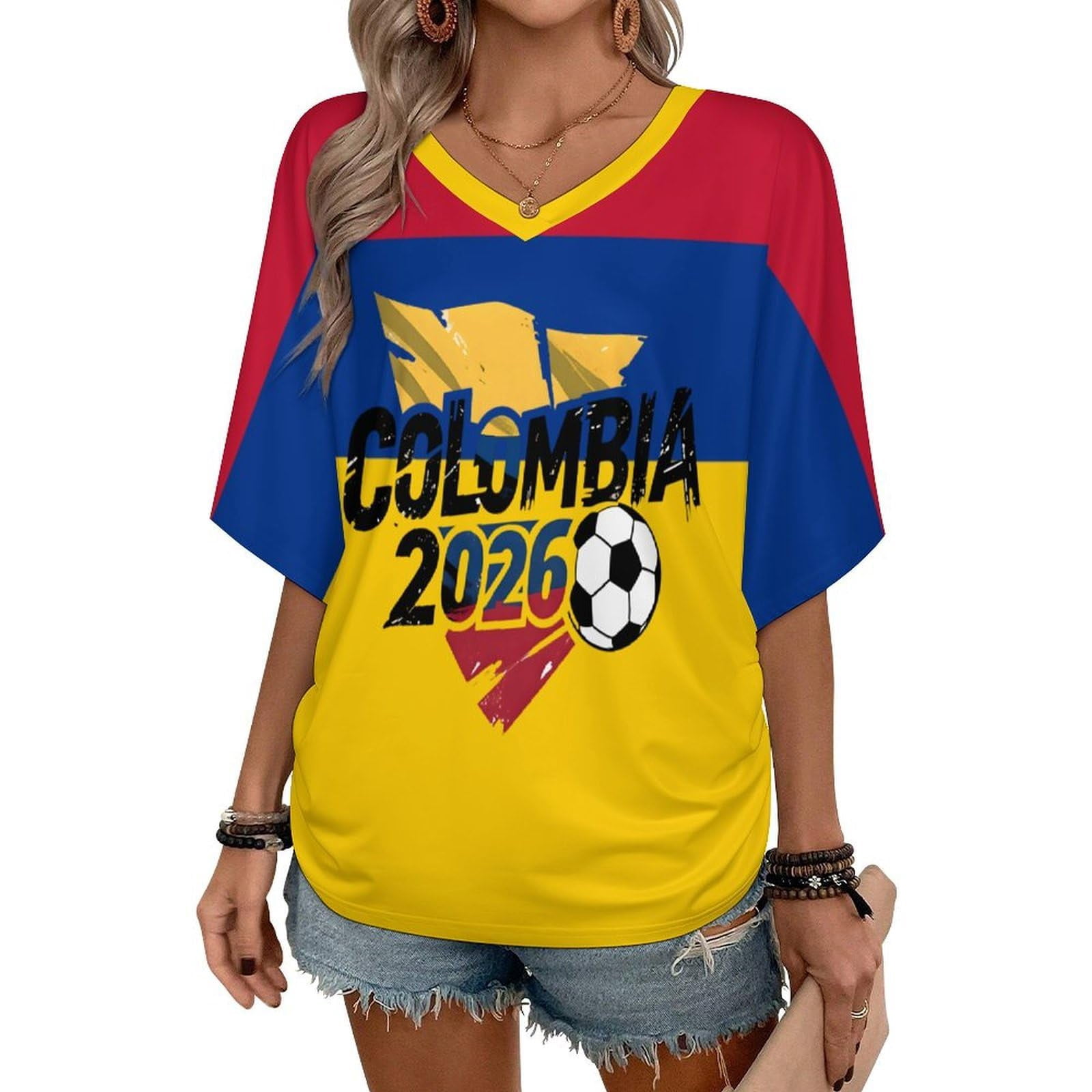 CIENVNSTG Colombia Flag Inspired Color Block V Neck Batwing Short ...