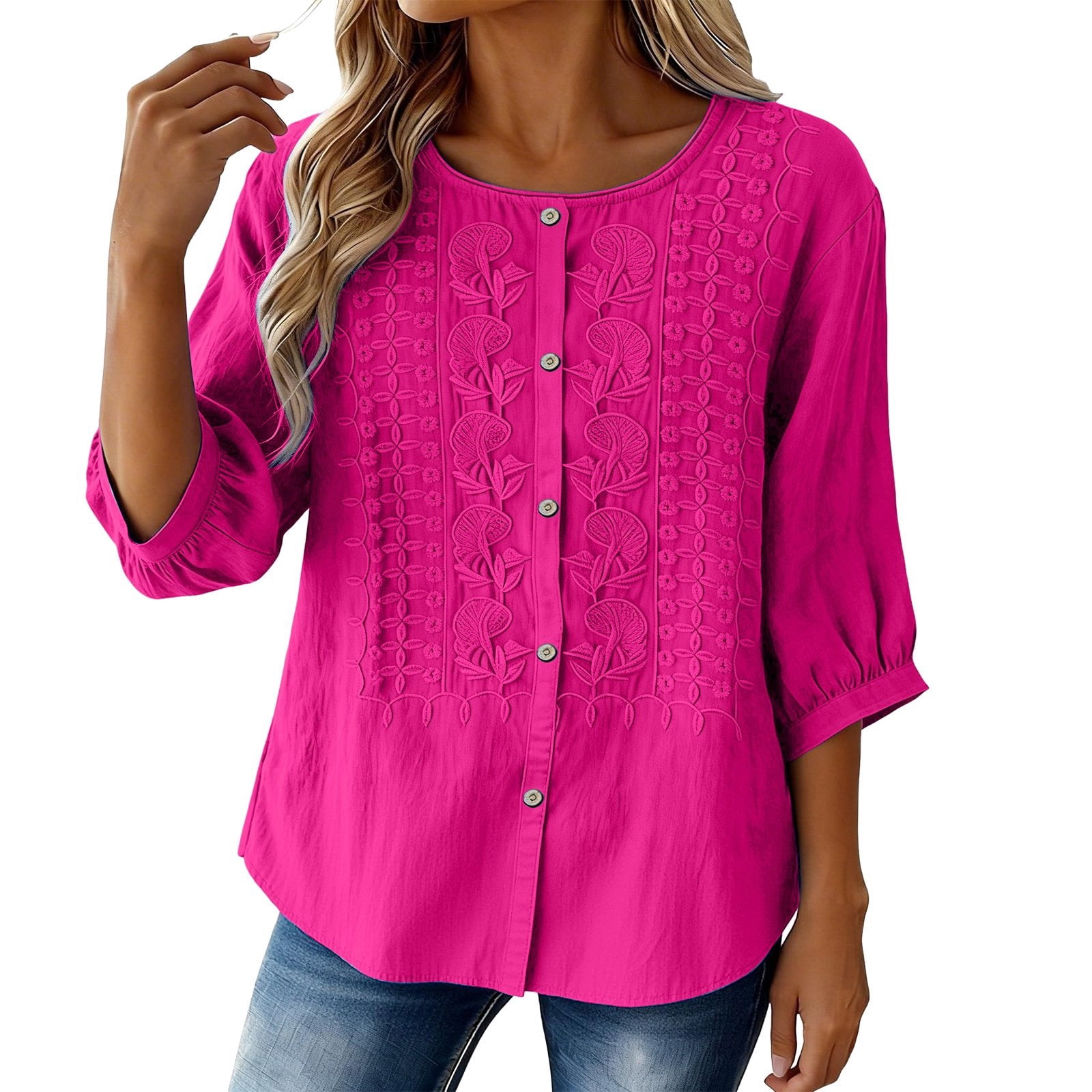 CIENVNSTG Cotton Linen Embroidered Shirts for Women Crewneck 3/4 Sleeve ...