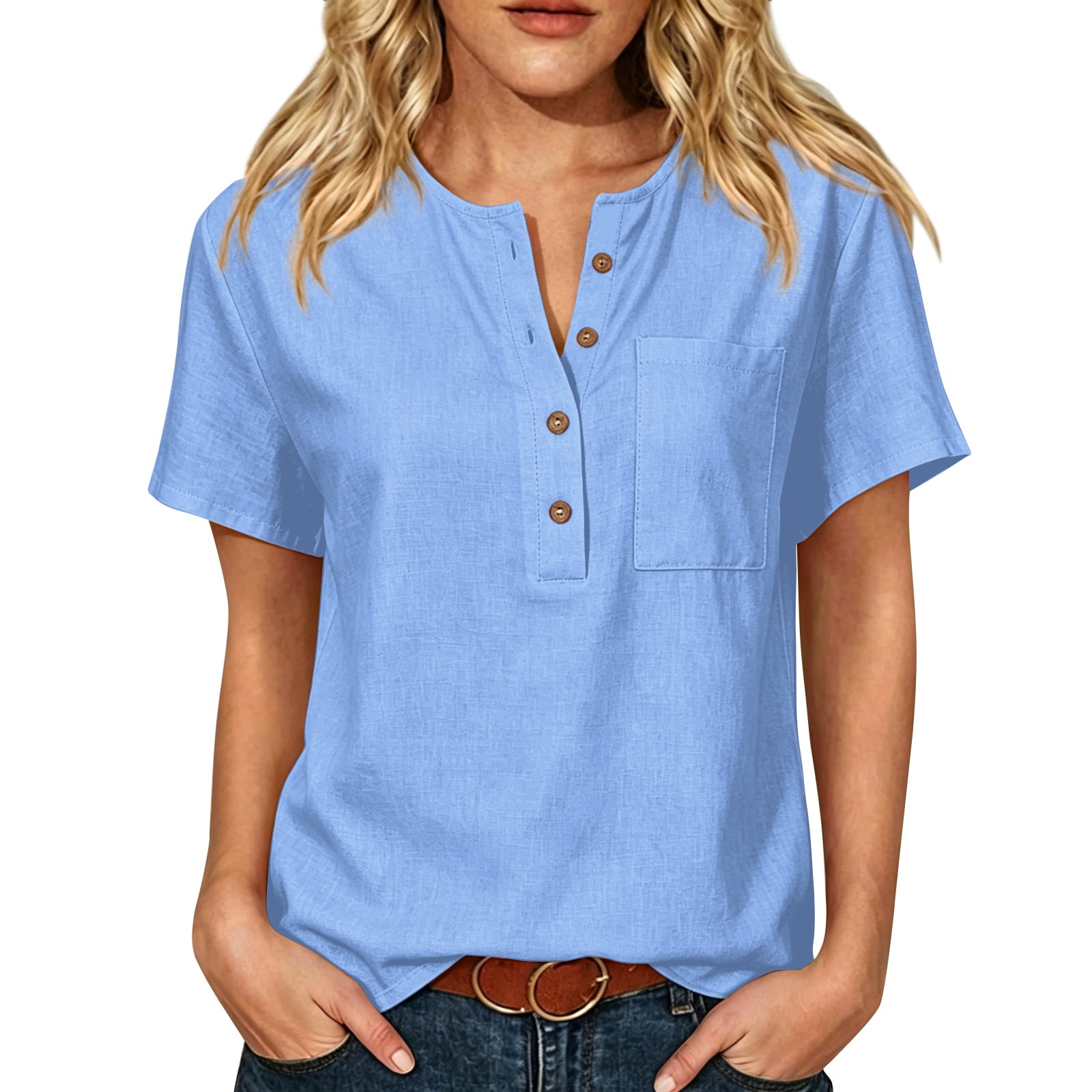 CIENVNSTG Cotton Linen Gauze Solid Color Henley Neck Button Down Tops ...