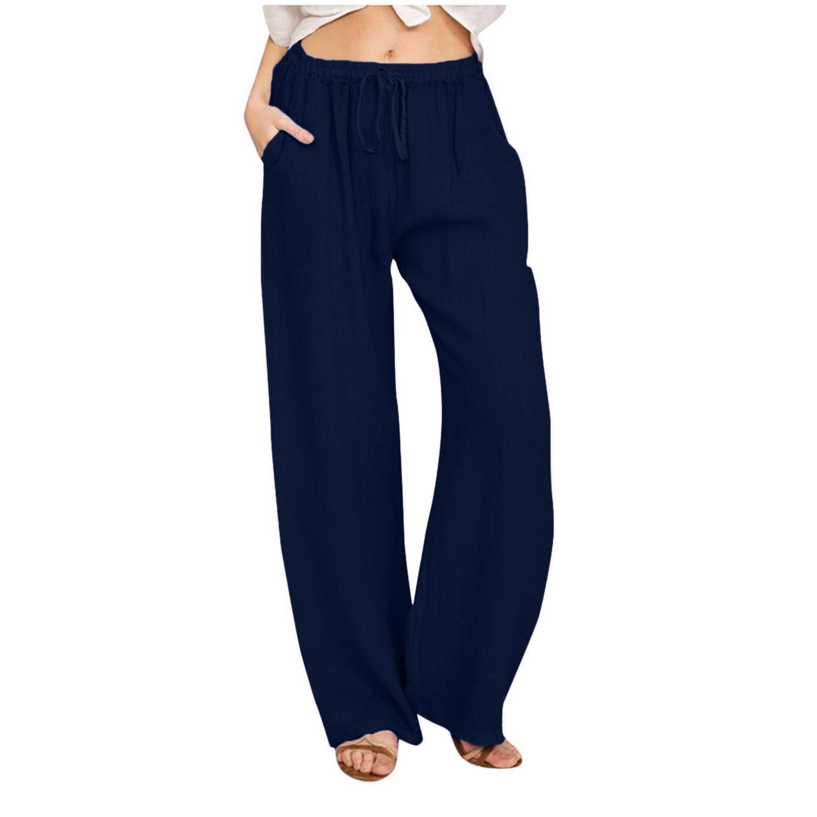 CIENVNSTG Cotton Linen Palazzo Trousers for Women Loose Fit Elastic ...