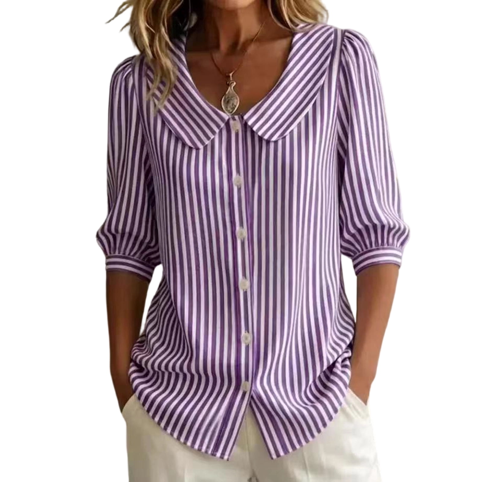 CIENVNSTG Cotton Linen Stripe Print Color Block Shirts for Women Peter ...