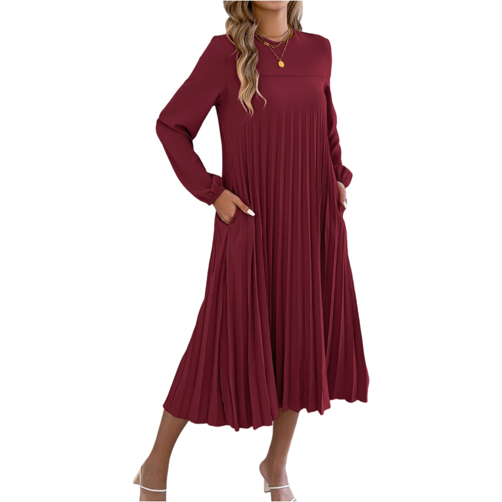 CIENVNSTG Dresses for Women Casual Pleated Dress Soild Color Round Neck ...