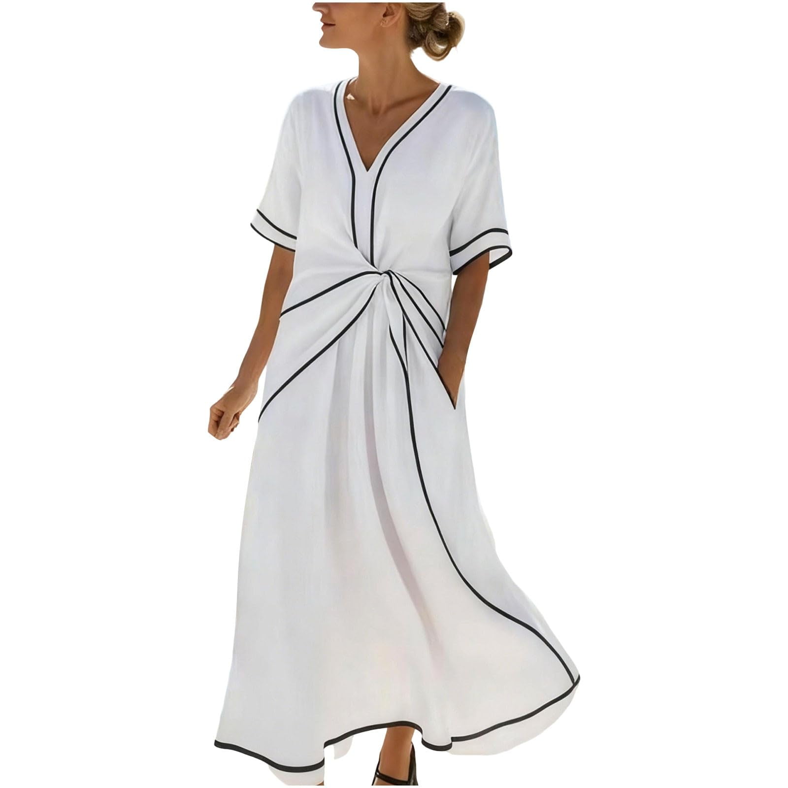 CIENVNSTG Dresses for Women Striped Print Folds Maxi Dresses Spring ...