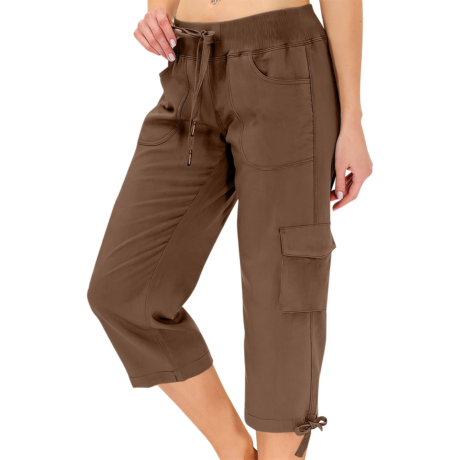 CIENVNSTG Elastic Waist Drawstring Capris for Women Solid Color Loose ...