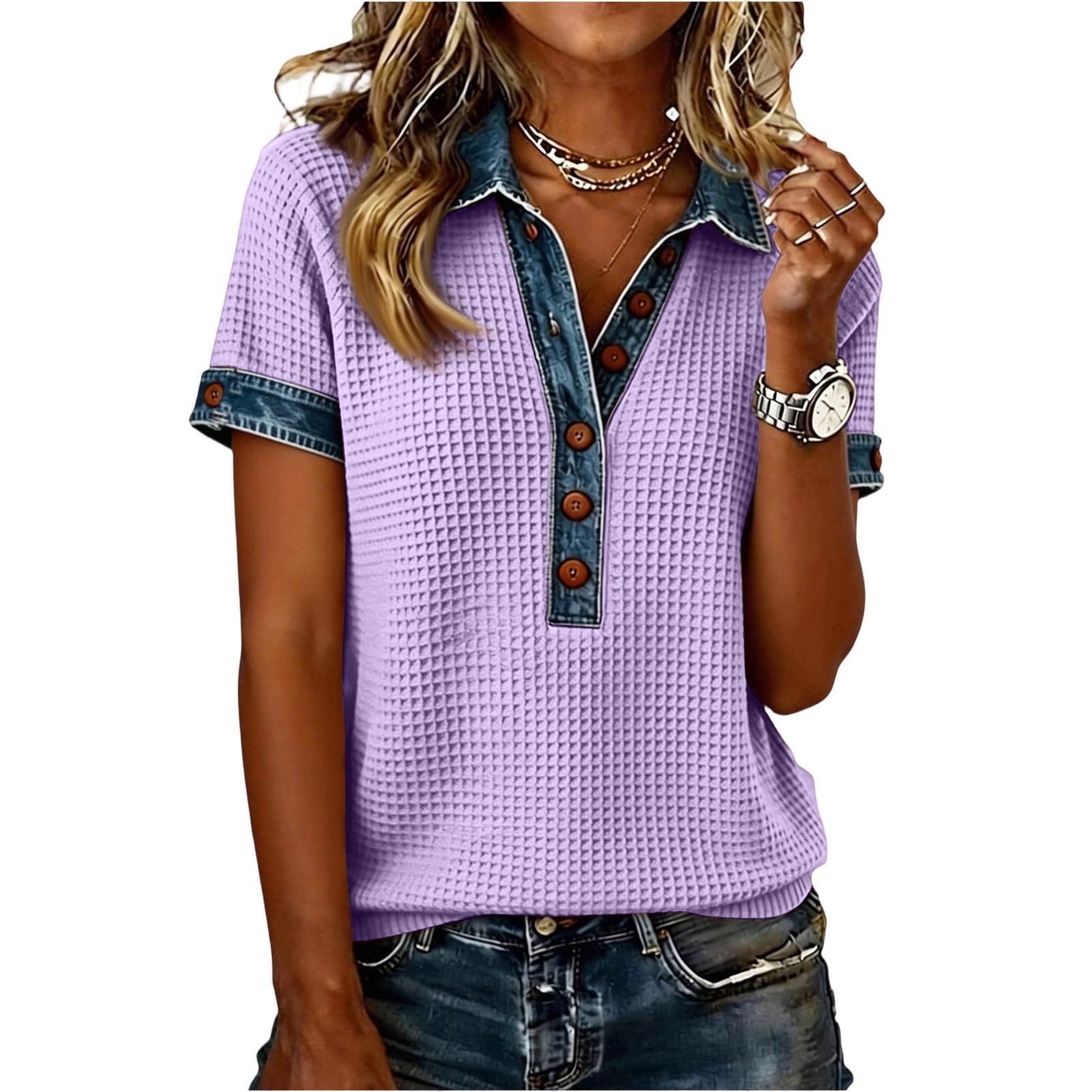 CIENVNSTG Lapel Collar Short Sleeve Henley Tops for Women Waffle Knit ...