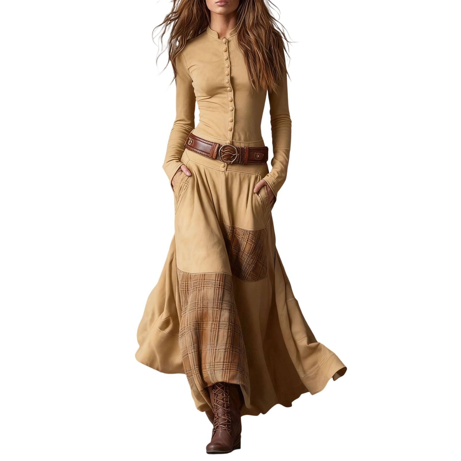 CIENVNSTG Long Dresses for Women Formal Vintage Suede Elegant Plaid ...